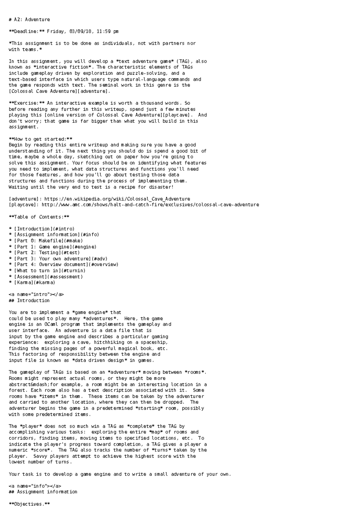 A2 - Assignment from CS 3110 taught by Professor Nate Foster in Spring 2018. - A2: Adventure ...