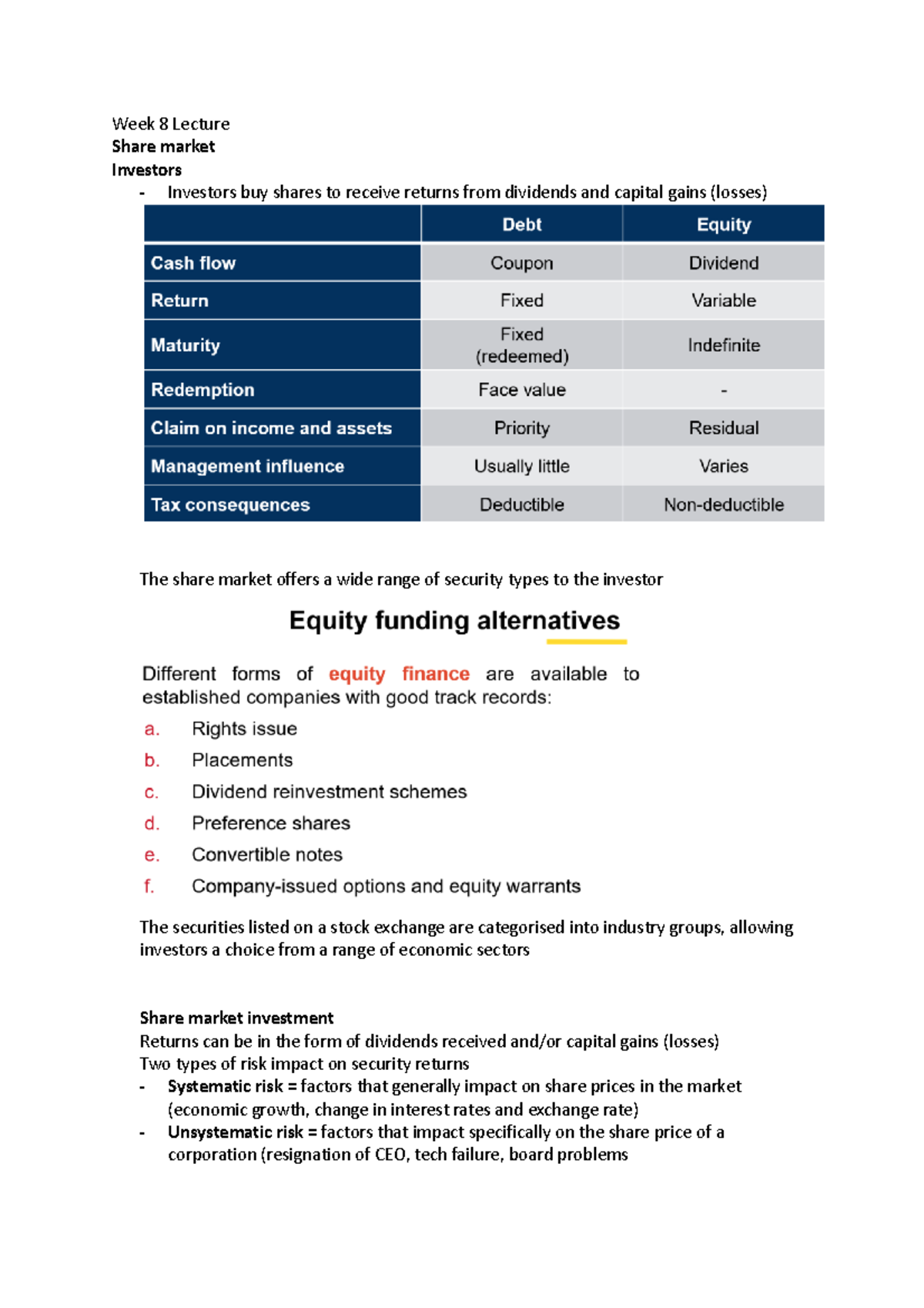 Week 8 Lecture - Week 8 Lecture Share market Investors - Investors buy shares to receive returns ...