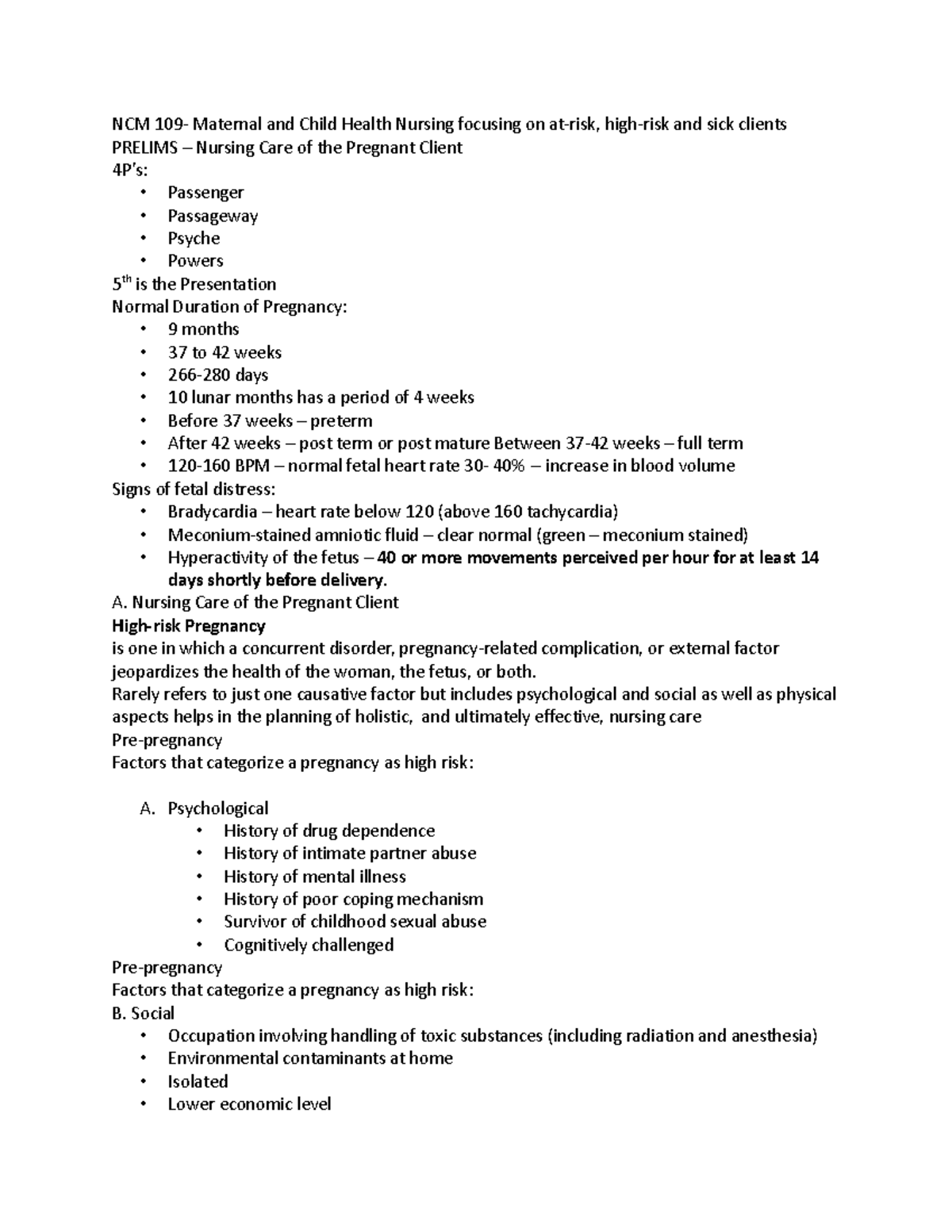 Hand out for Pregnant Client ncm 109 - NCM 109- Maternal and Child ...