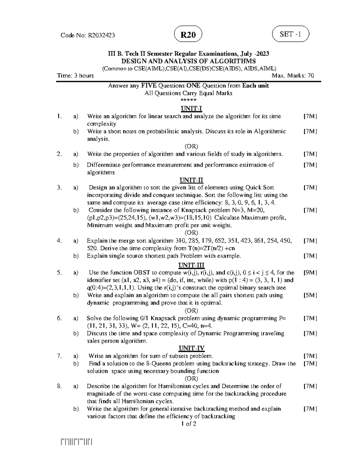 Design AND Analysis OF Algorithms JULY 2023 - III B. Tech II Semester Regular Examinations, July ...