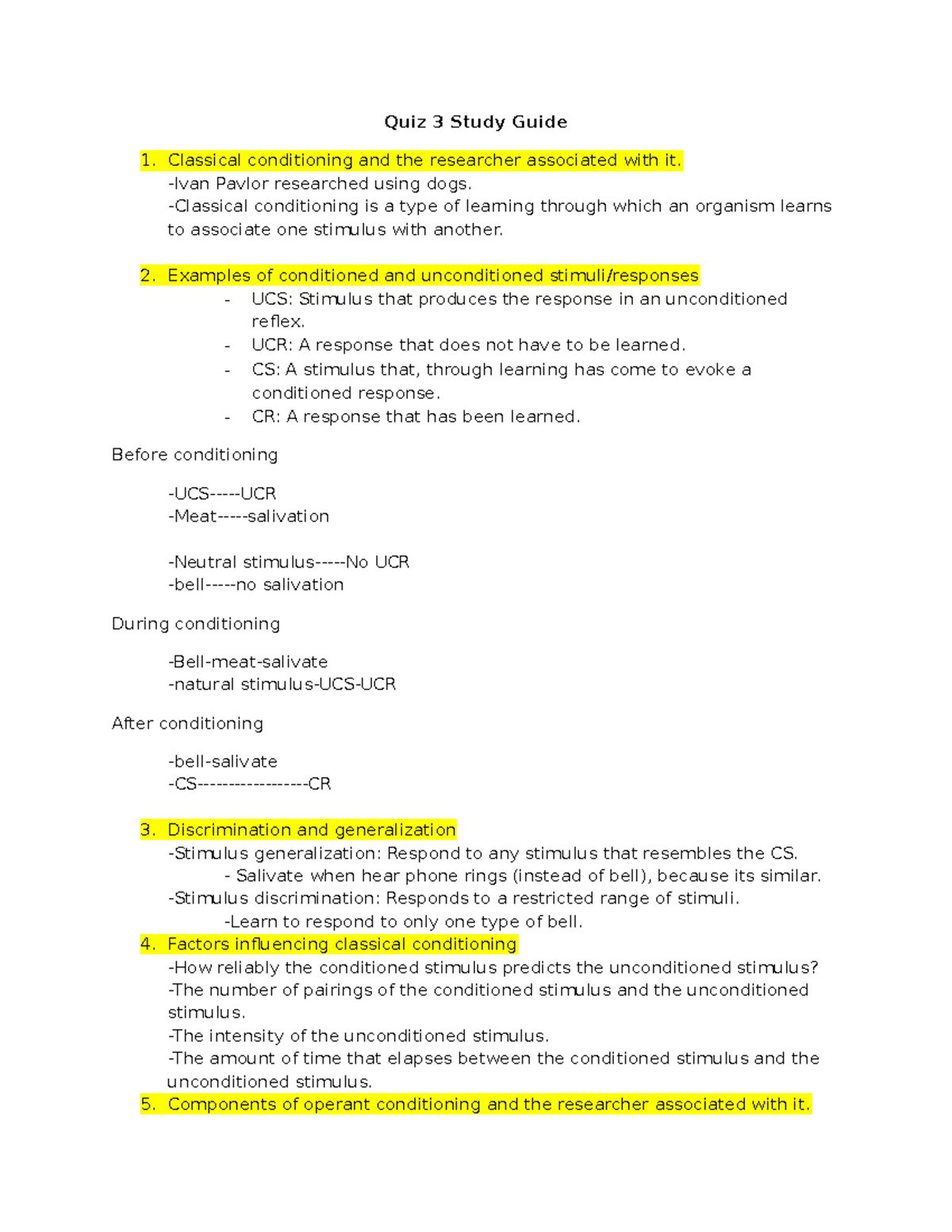 Quiz 3 Study Guide - Quiz 3 Study Guide Classical conditioning and the ...