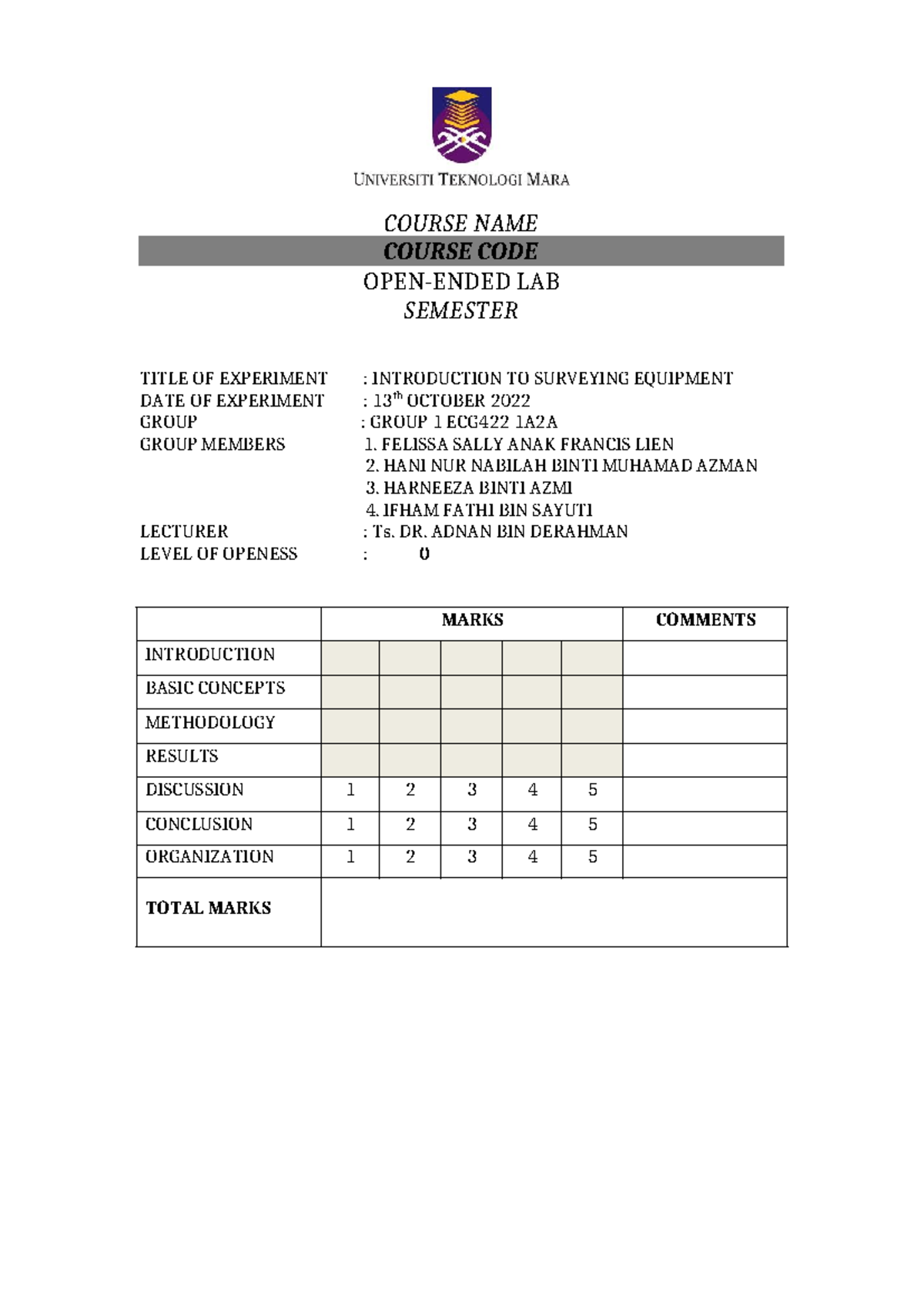 OEL LAB Report Front PAGE Level 0 (latest) - COURSE NAME COURSE CODE ...