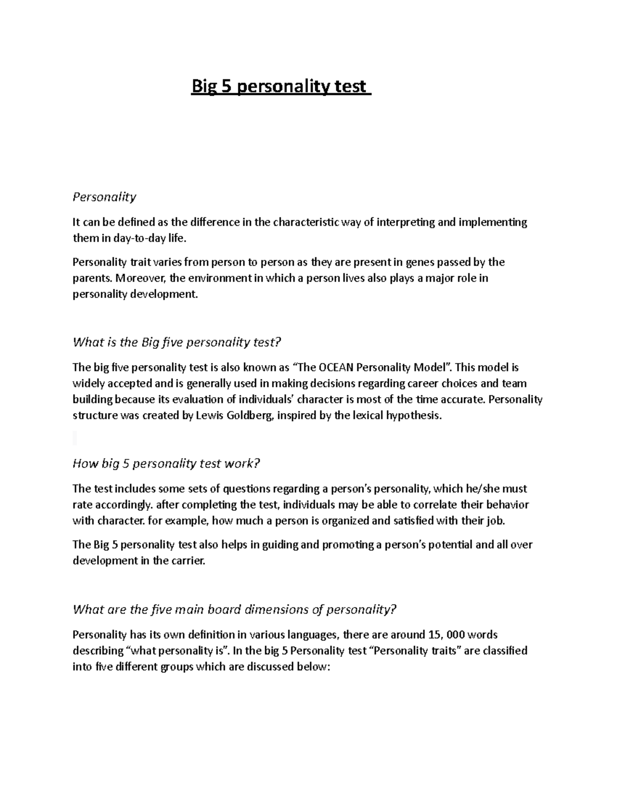 Big 5 Personality Test - HW - BUSI 1215 - KPU - StuDocu