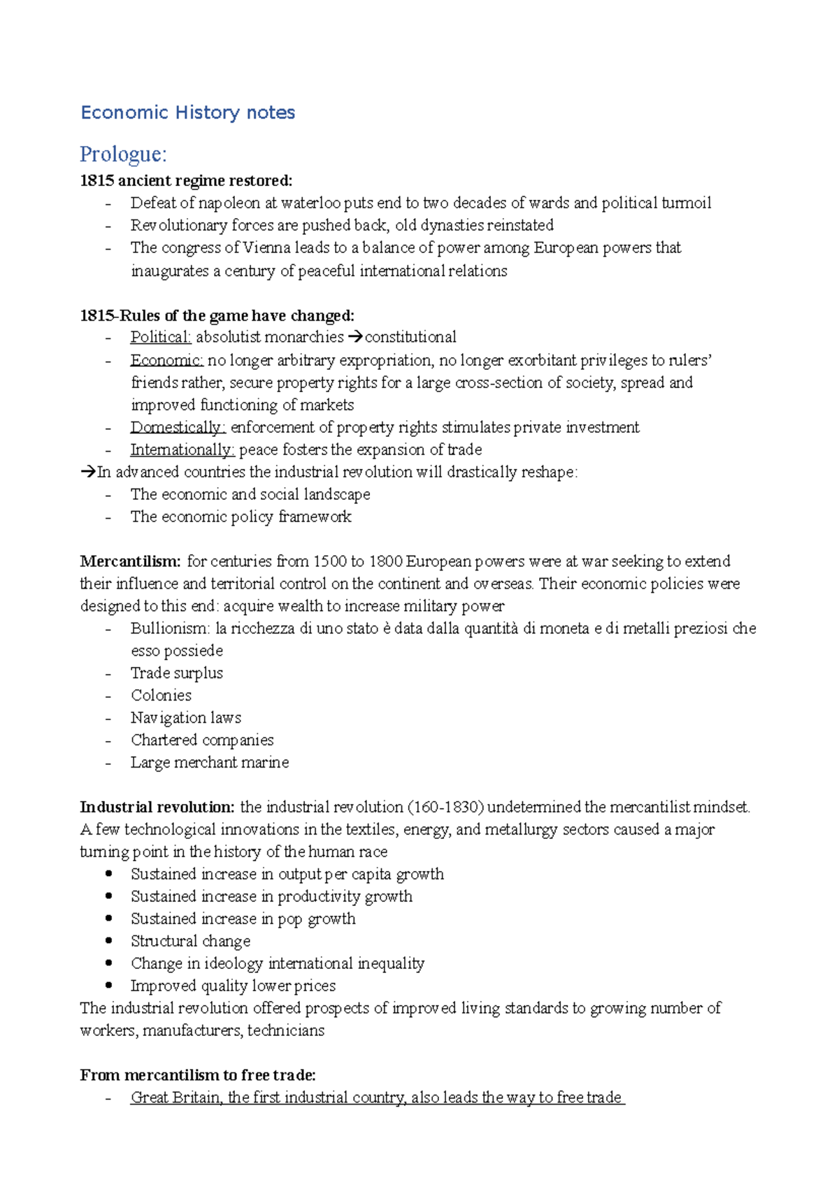 Economic History notes - Economic History notes Prologue: 1815 ancient ...