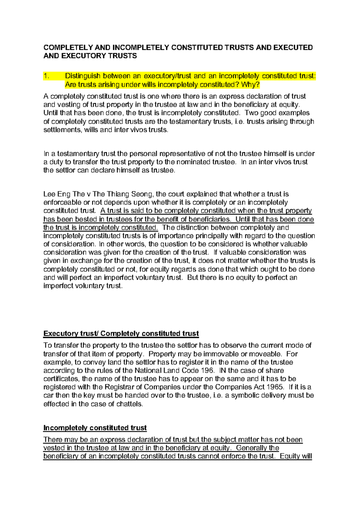 Tutorial 3 Completely AND Incompletely Constituted Trusts AND Executed ...
