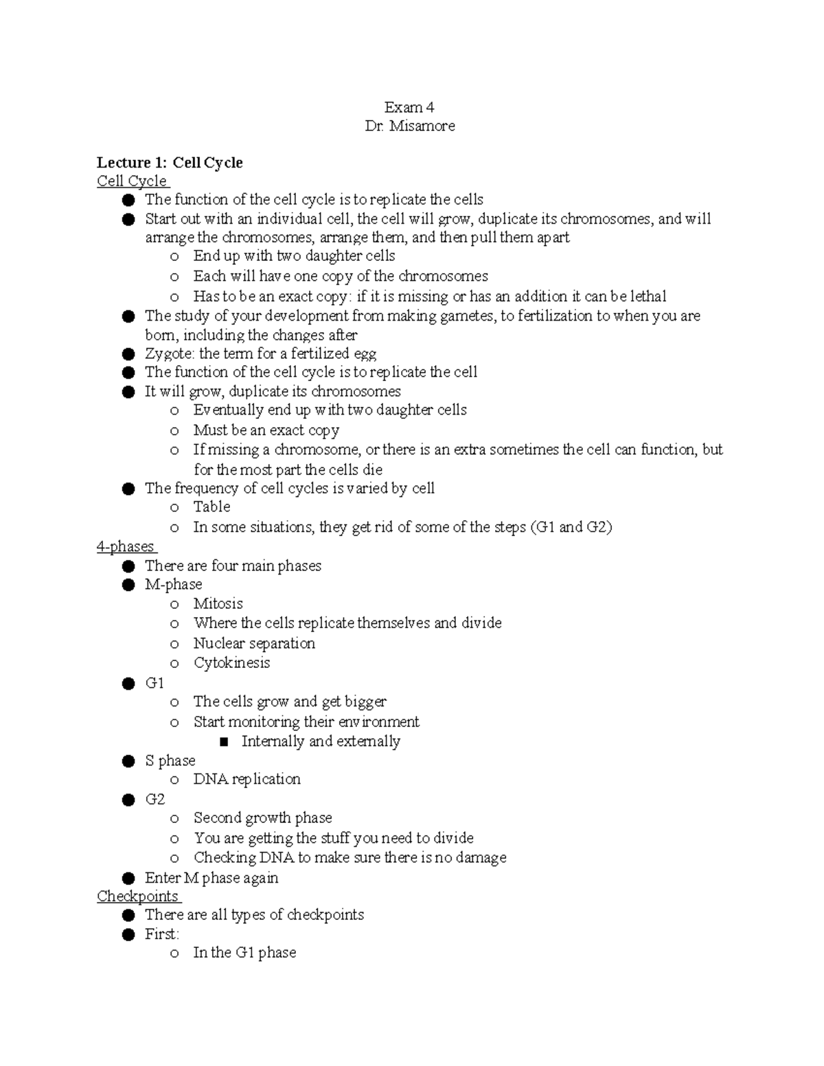 Cell Bio Unit 4 Notes - Exam 4 Dr. Misamore Lecture 1: Cell Cycle Cell ...