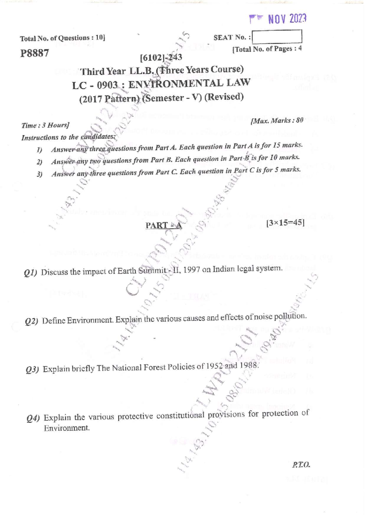 PYQs (LC0903) Environmental Law - PARr - B+ Q6) Ey+Lain briefly following Environment$totection ...