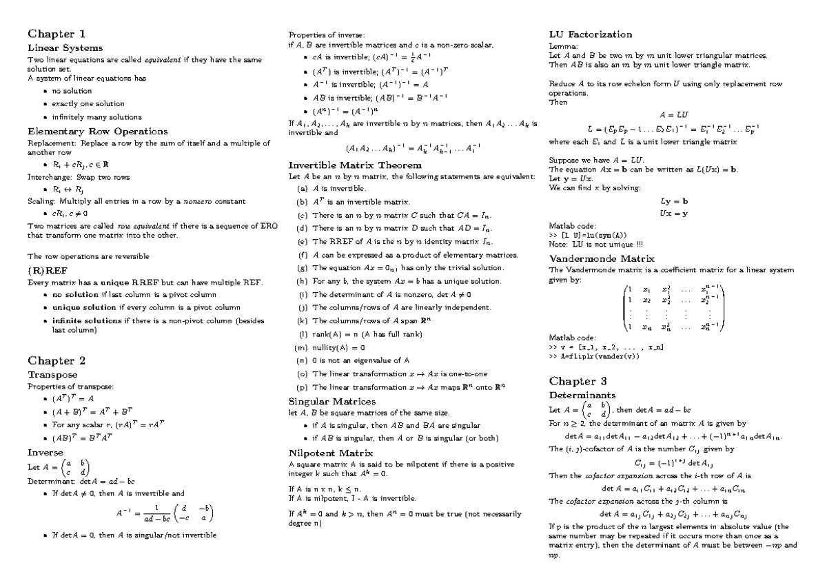 Cheatsheet - wow - Chapter 1 Linear Systems Two linear equations are called equivalent if they ...