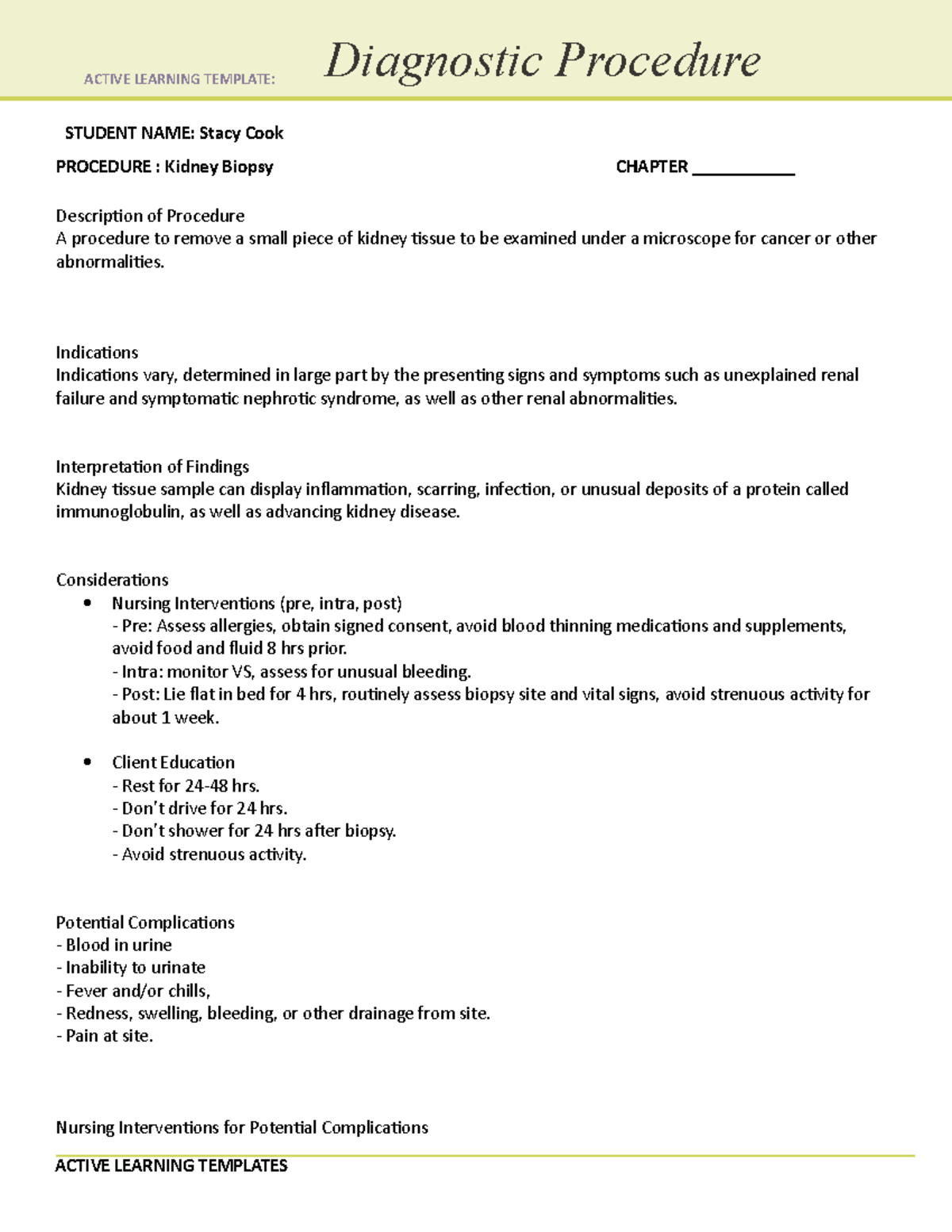 ATI Diagnostic Procedure- Kidney Biopsy - STUDENT NAME: Stacy Cook ...