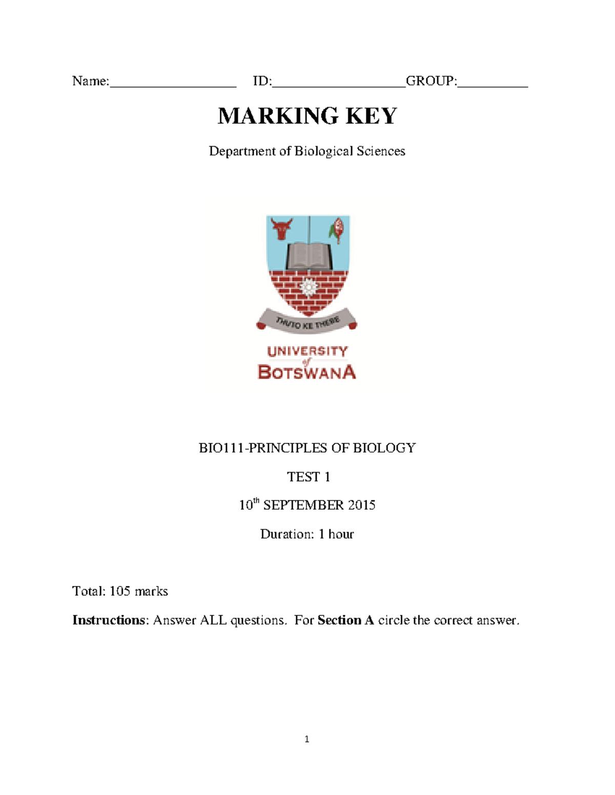 BIO111 Test1 Marking key - Name:__________________ ID:_________GROUP ...