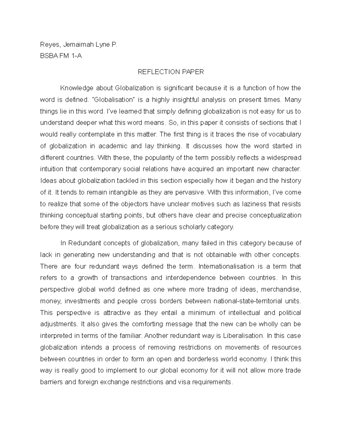 Reyes Contemp - Reyes, Jemaimah Lyne P. BSBA FM REFLECTION PAPER ...