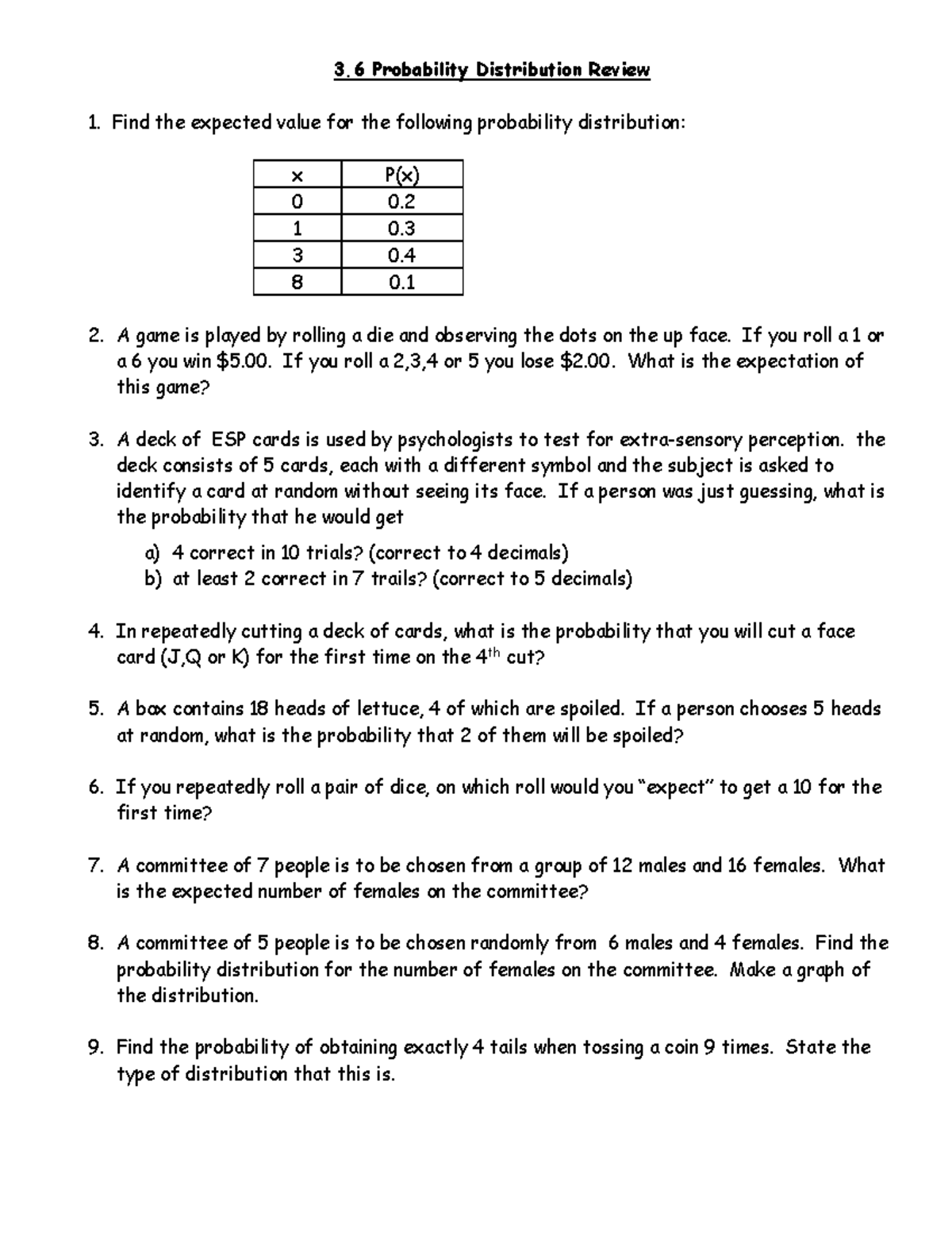 3.6 Unit 3 Discrete Probability Models Review - 3 Probability ...