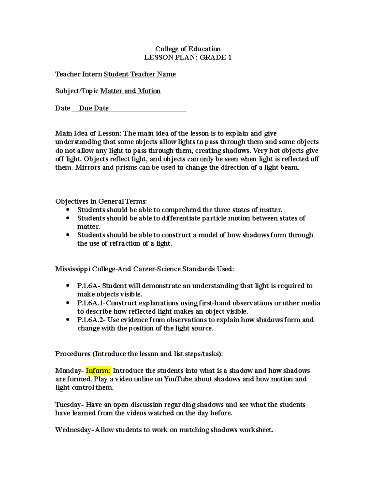 Chapter 11 Lesson Plan - College of Education LESSON PLAN: GRADE 1 ...