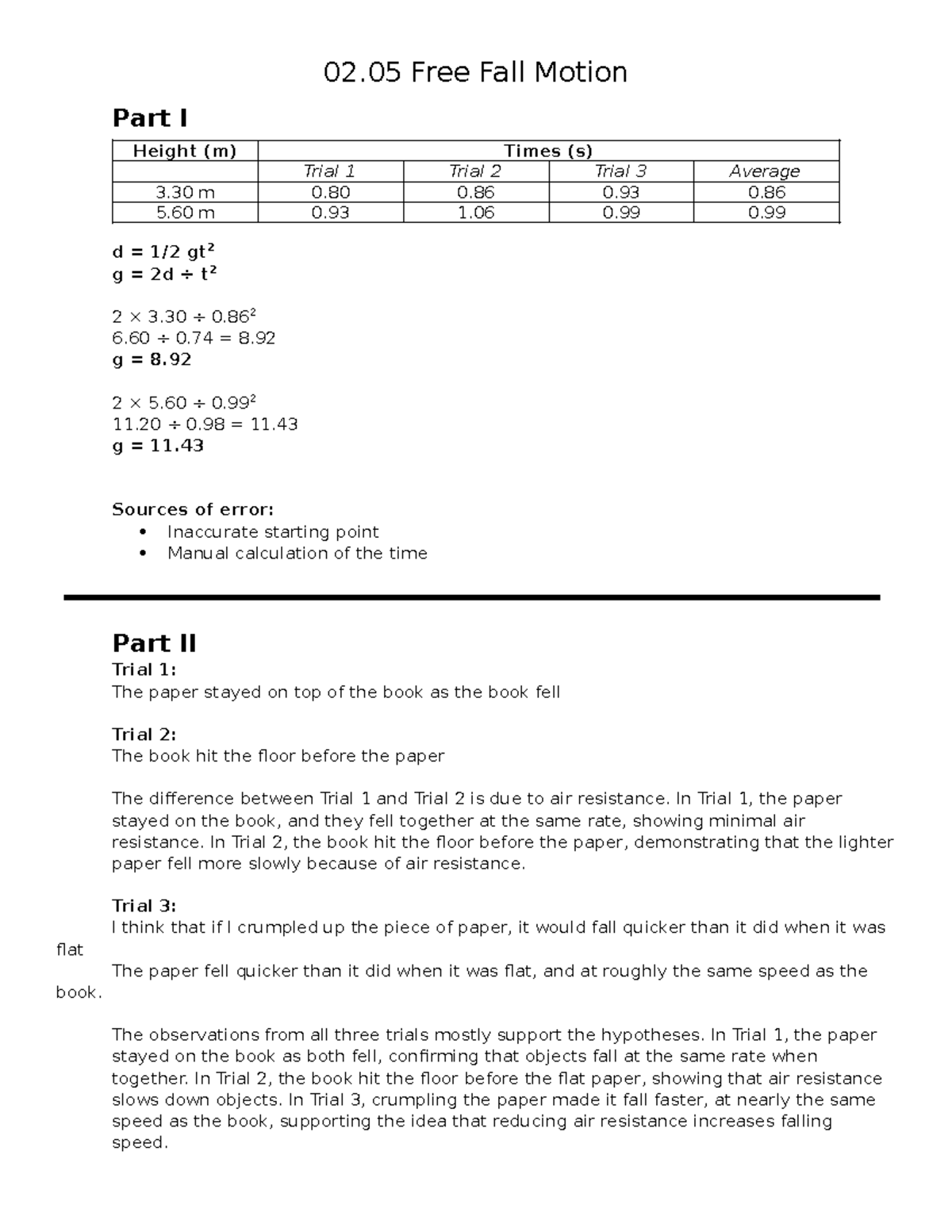 02.05 Free Fall Motion - A lab report - 02 Free Fall Motion Part I d ...