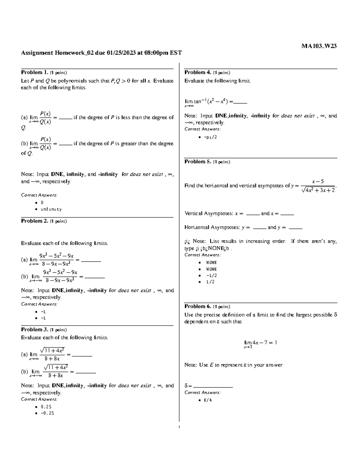 MA103 W23 - WEBWORK 2 - MA103 W Assignment Homework 02 due 01/25/2023 at 08:00pm EST Problem 1 ...
