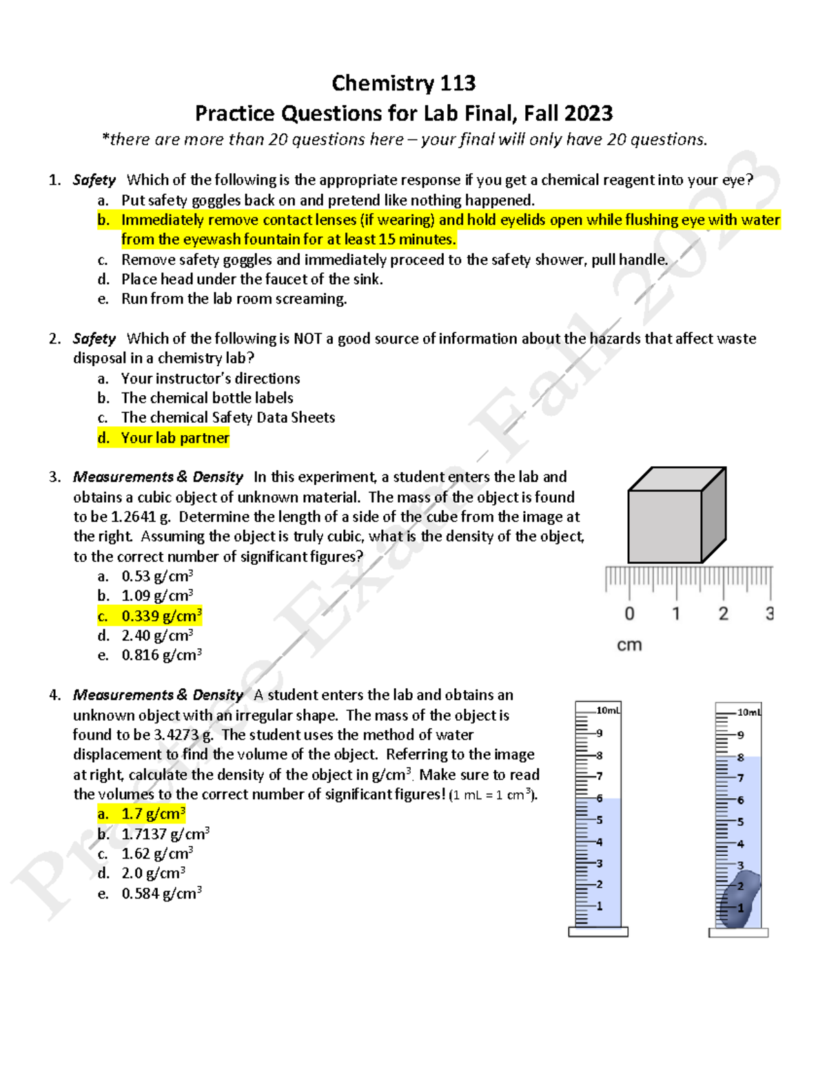 Lab Final Practice Questions - with Answers - Fa 23 - Chemistry 113 ...