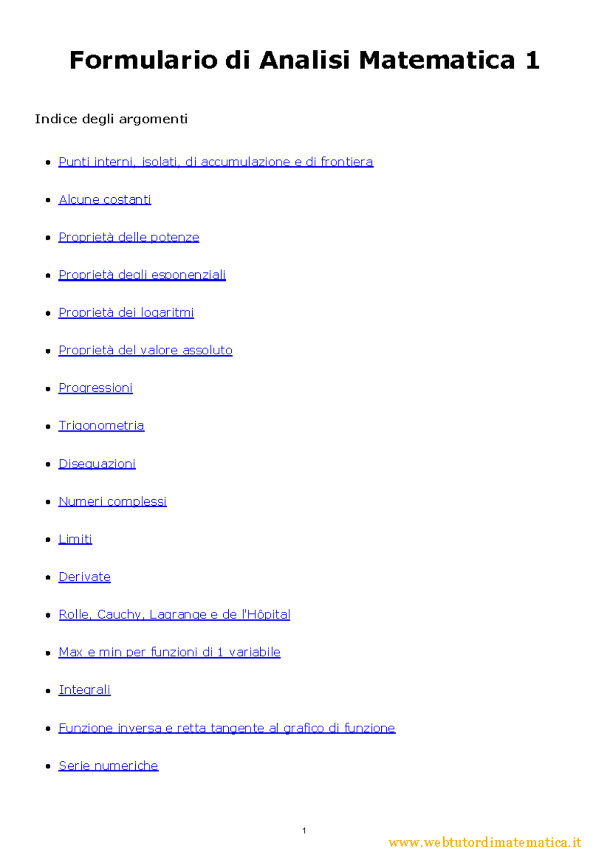 Formulario-analisi-1 - Formulario di Analisi Matematica 1 Indice degli ...