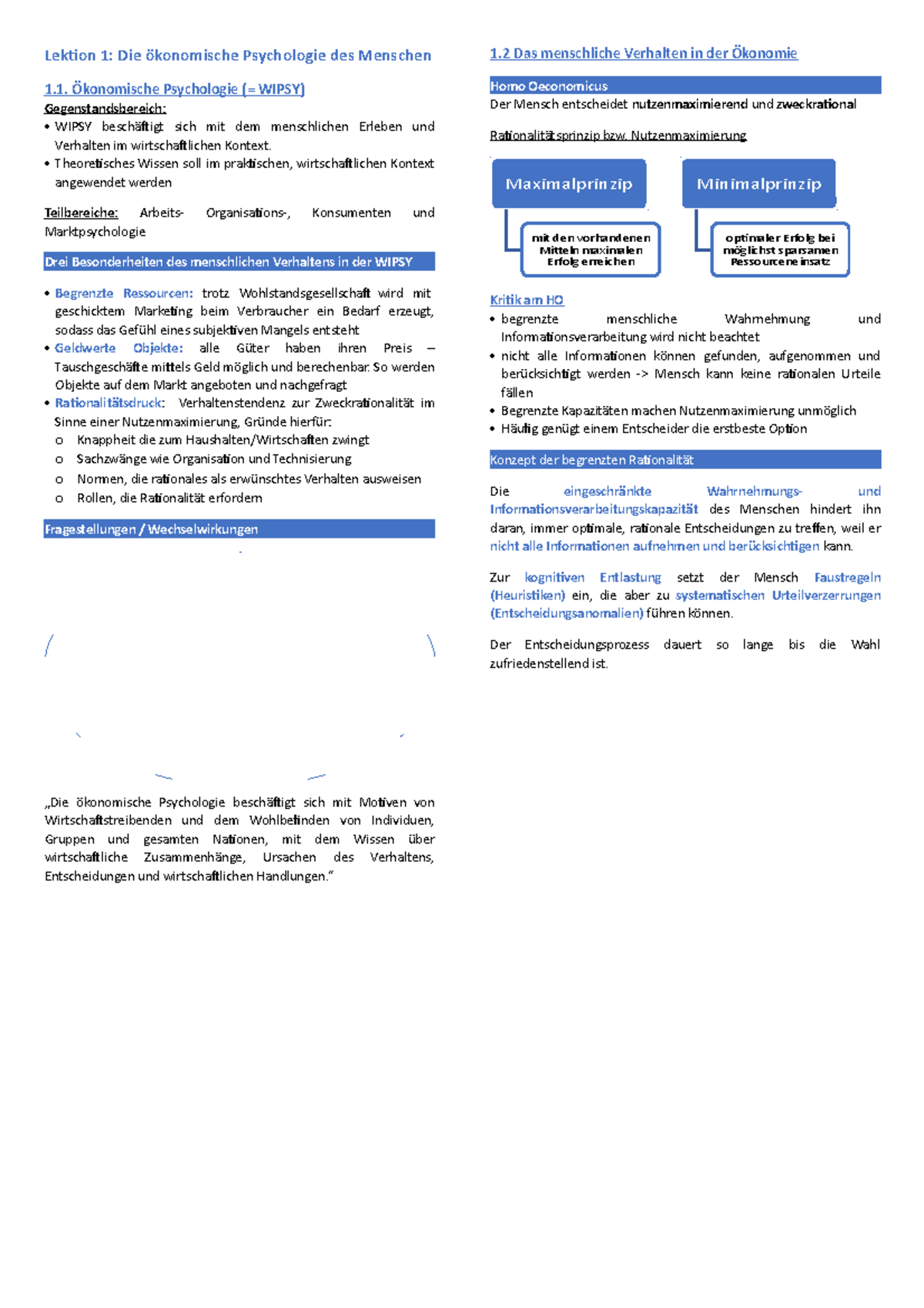 WIPSY Zusammenfassung - Lektion 1: Die ökonomische Psychologie des ...