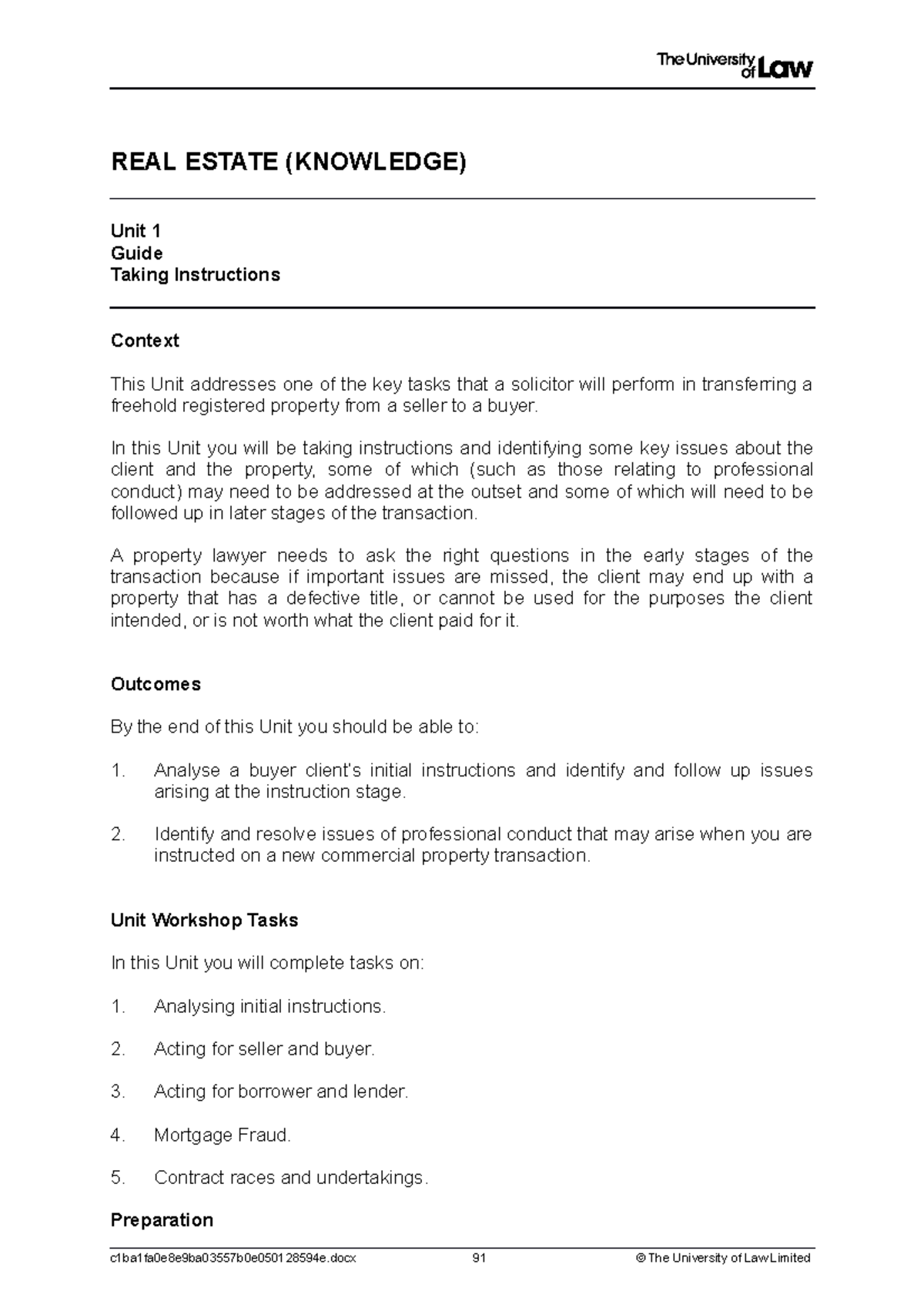 Workshop Guide - REAL ESTATE (KNOWLEDGE) Unit 1 Guide Taking ...