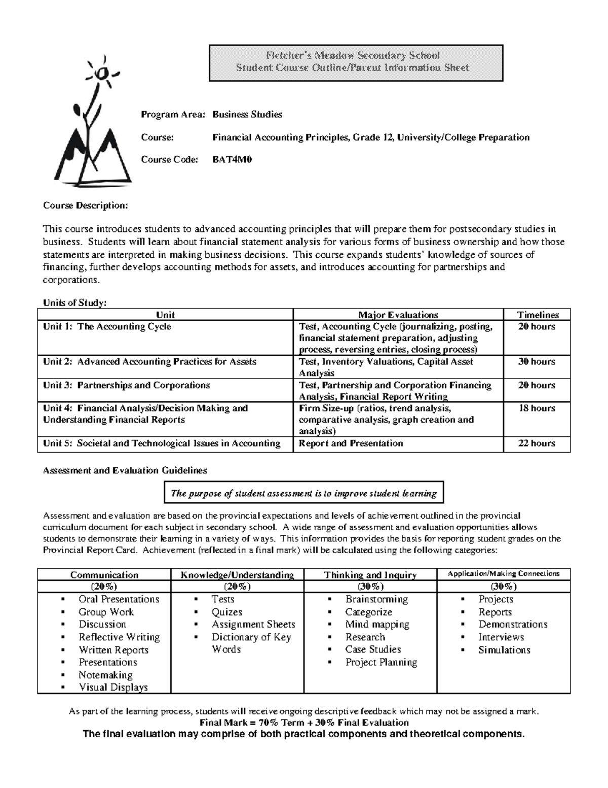 BAT4M0 Course Outline Financial Accounting Principles 2006 FMSS ...