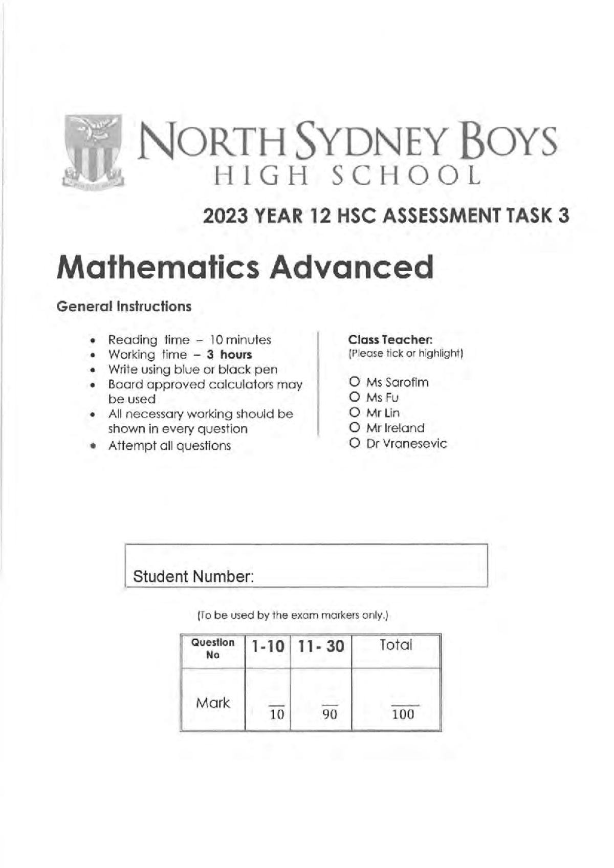 2023 North Sydney Boys High School - Adv - Trial - NORTH SYDNEY BOYS ...