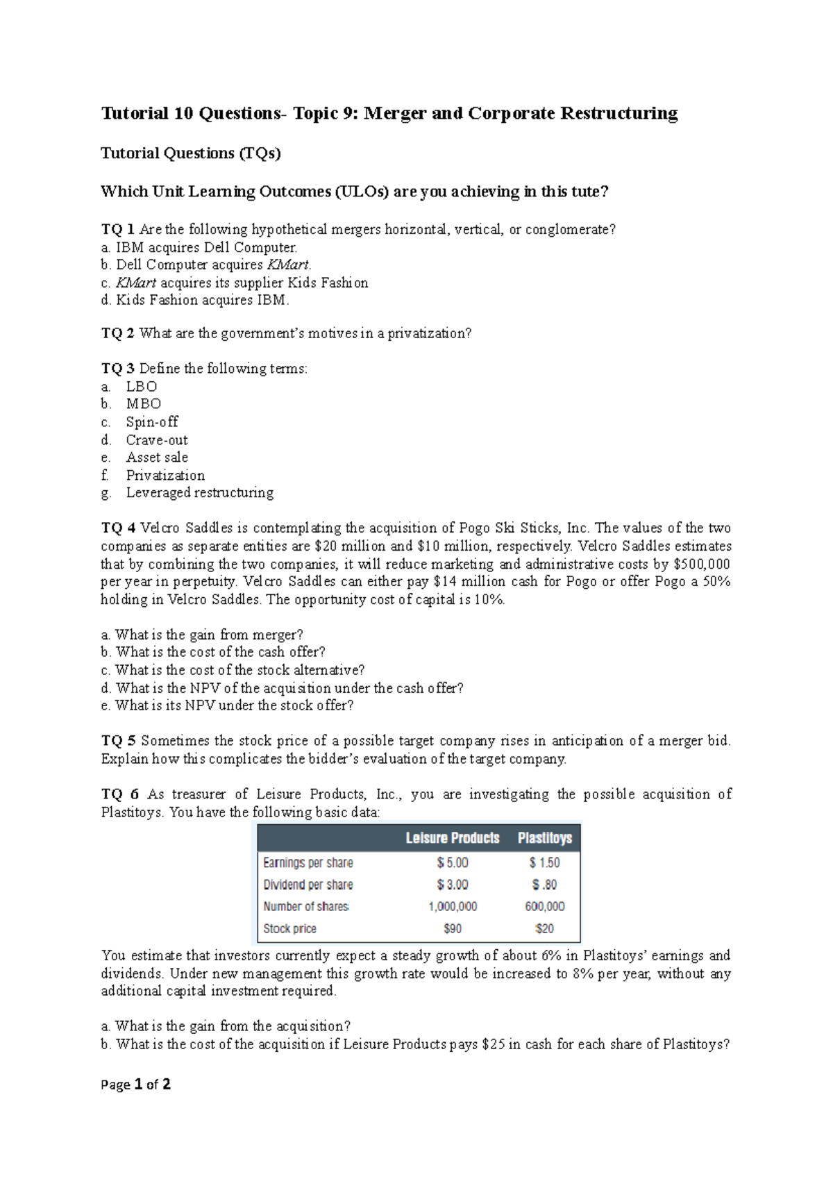 Tutorial 10 Questions MAF302 - Tutorial 10 Questions- Topic 9: Merger ...