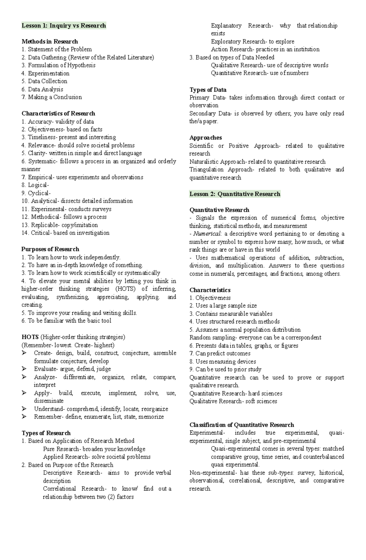 PR 2 Reviewer Lessons 1 and 2 - Lesson 1: Inquiry vs Research Methods ...
