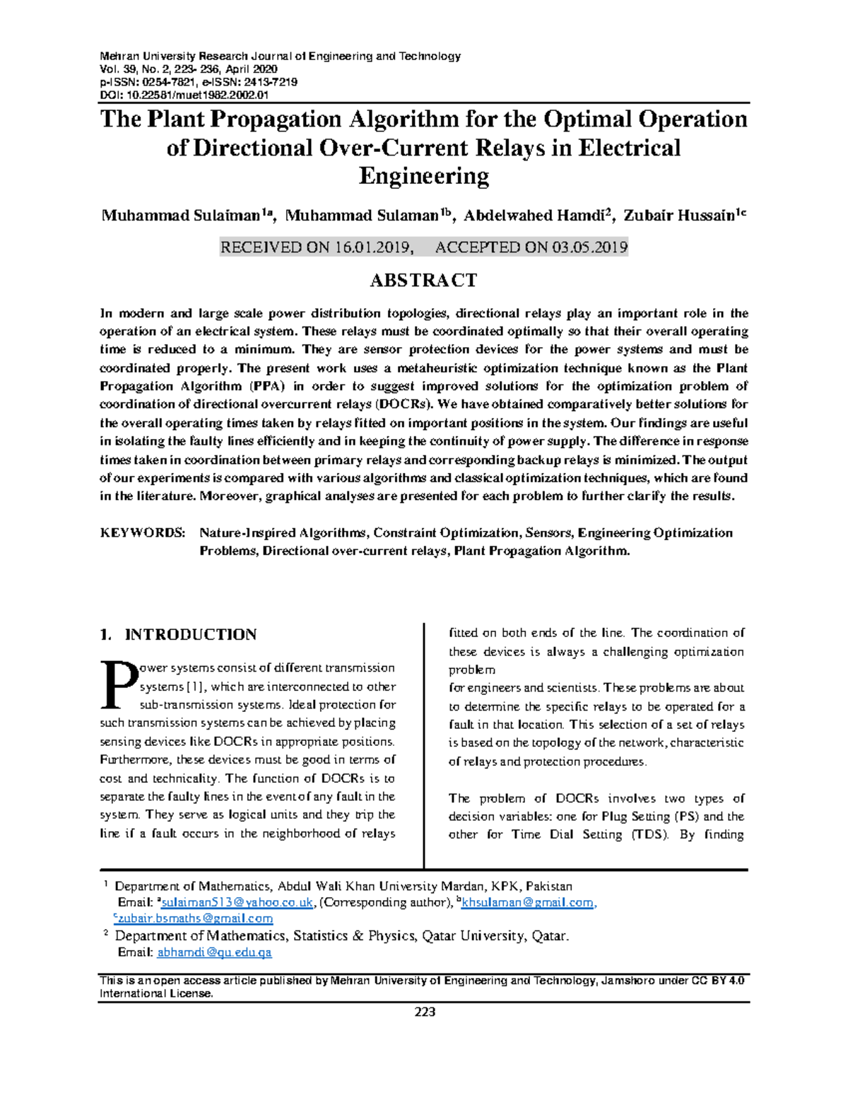 The Plant Propagation Algorithm for the - Mehran University Research Journal of Engineering and ...