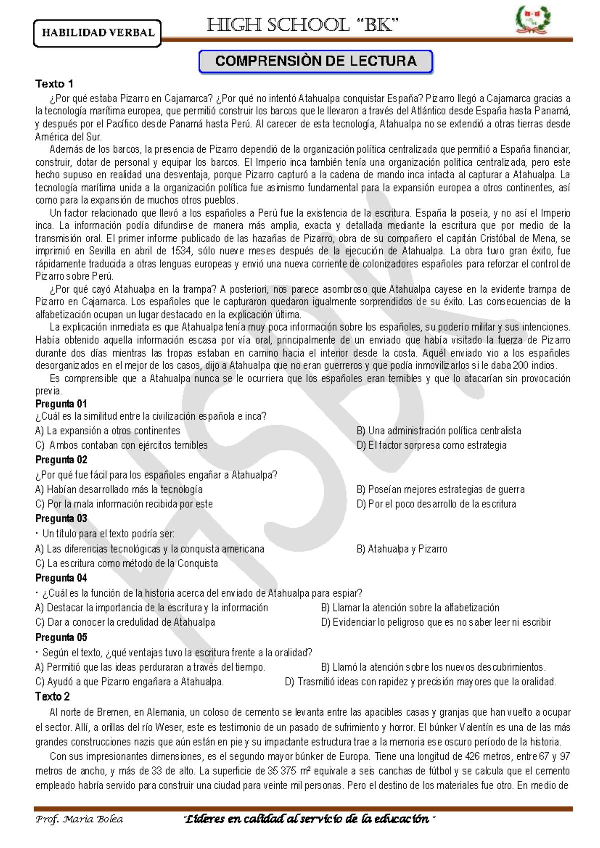 Lecturas - RV - Secundaria - HIGH SCHOOL “BK” Prof. Marìa Bolea ...