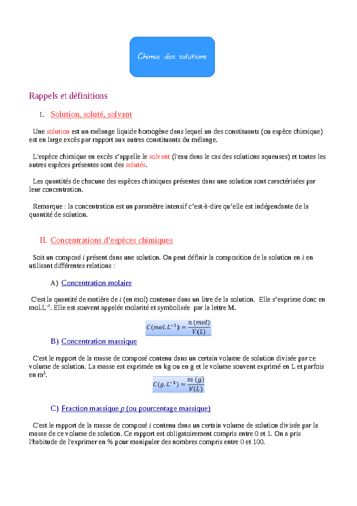 Chimie des solutions (partie 1) - Chimie des solutions Rappels et ...