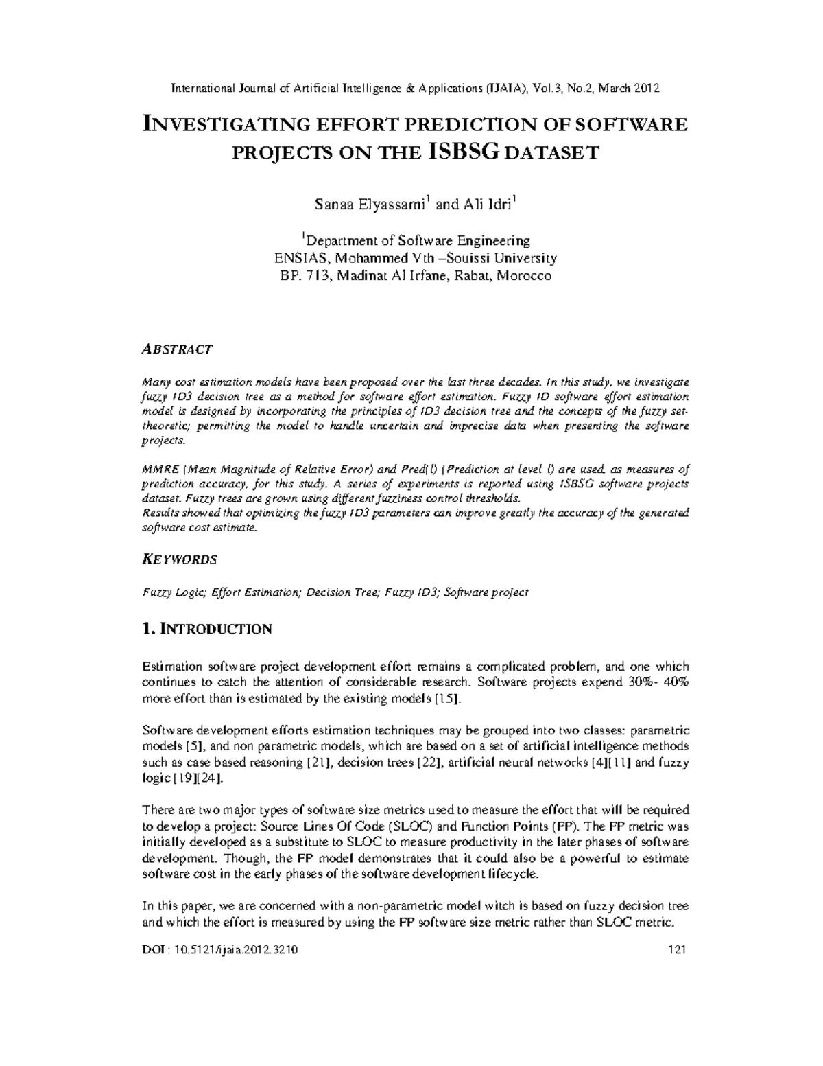 Investigating Effort Prediction OF Software - DOI : 10.5121/ijaia.2012 ...