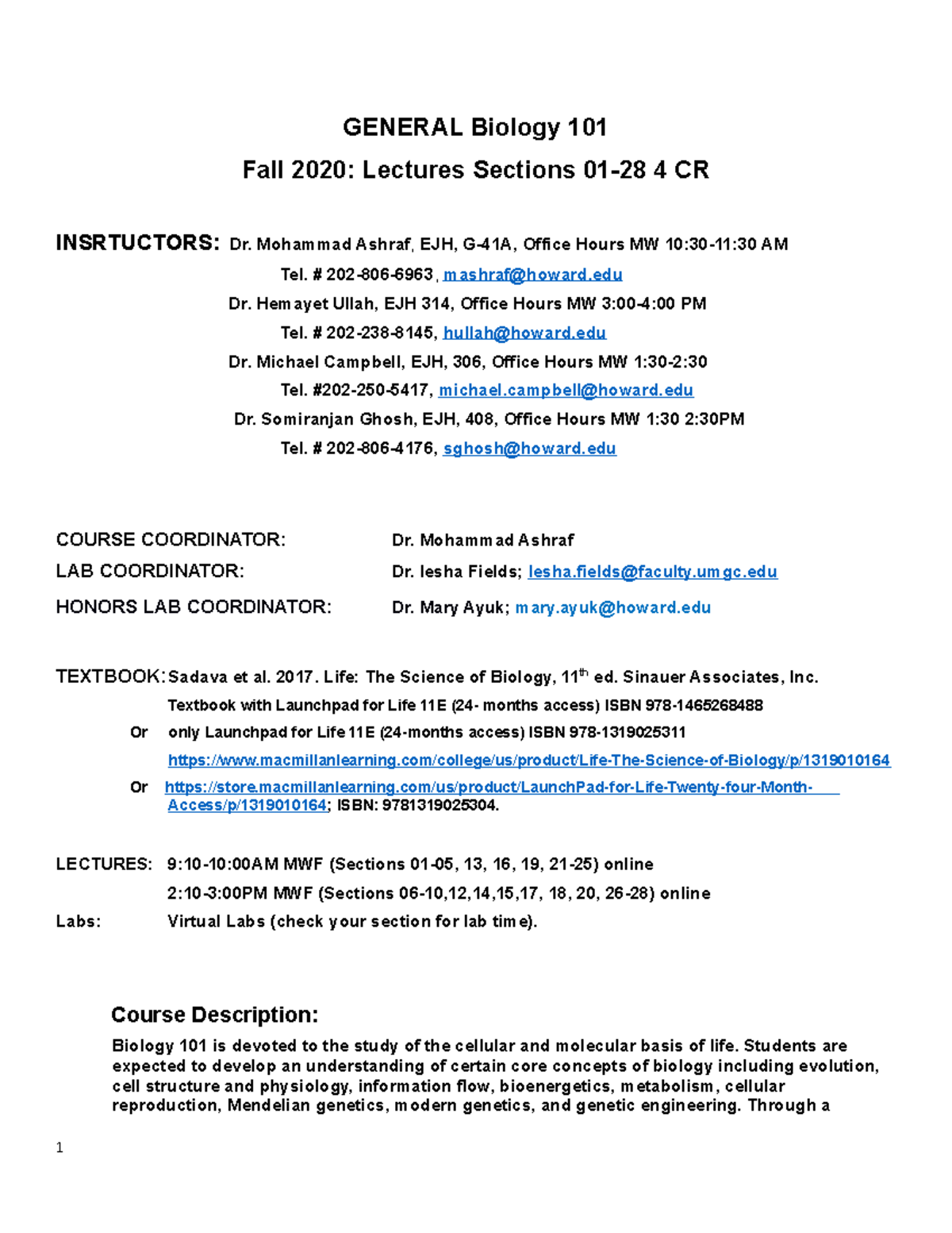 Syllabus - Lecture notes A - GENERAL Biology 101 Fall 2020: Lectures ...