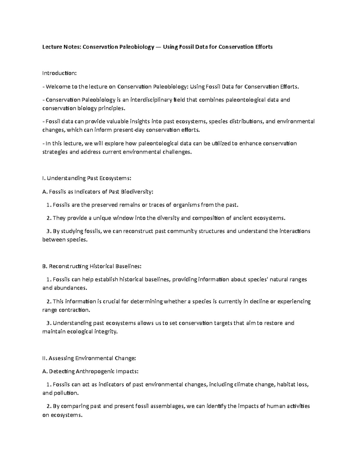 Lecture Notes: Conservation Paleobiology — Using Fossil Data for ...