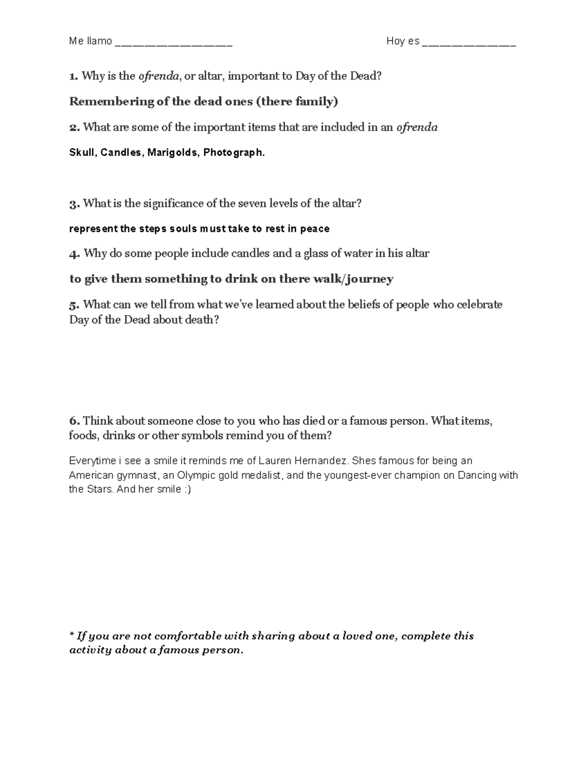 Rememberance Worksheet activity - Me llamo ____________________ Hoy es ...