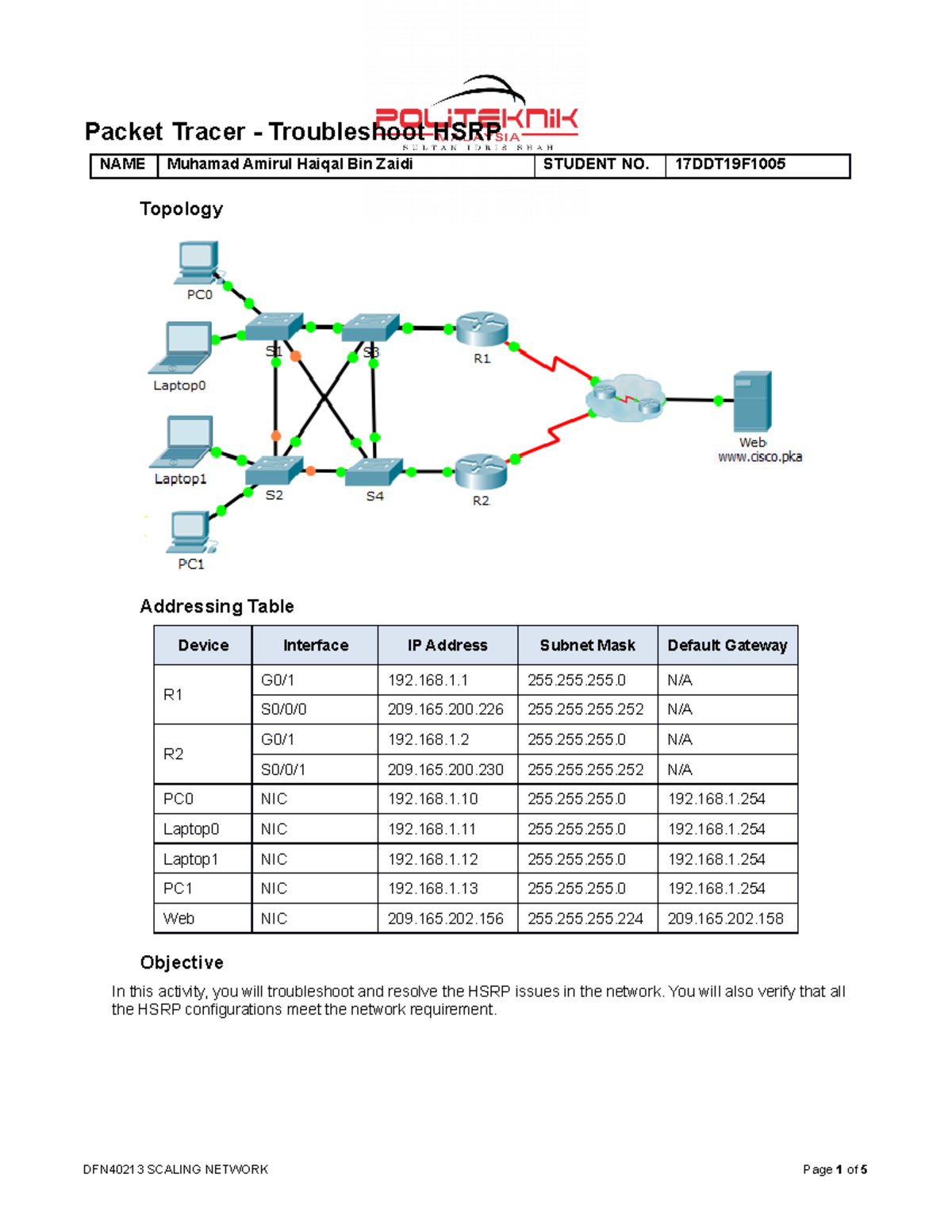 Packet Tracer - Troubleshoot HSRP - 17DDT19F Topology Addressing Table Device Interface IP ...