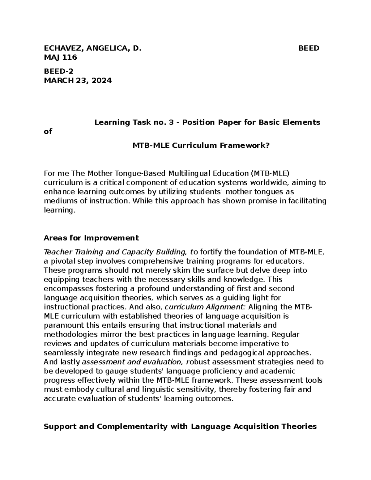 Learning TASK NO 3 - ECHAVEZ, ANGELICA, D. BEED MAJ 116 BEED- MARCH 23, 2024 Learning Task no. 3 ...