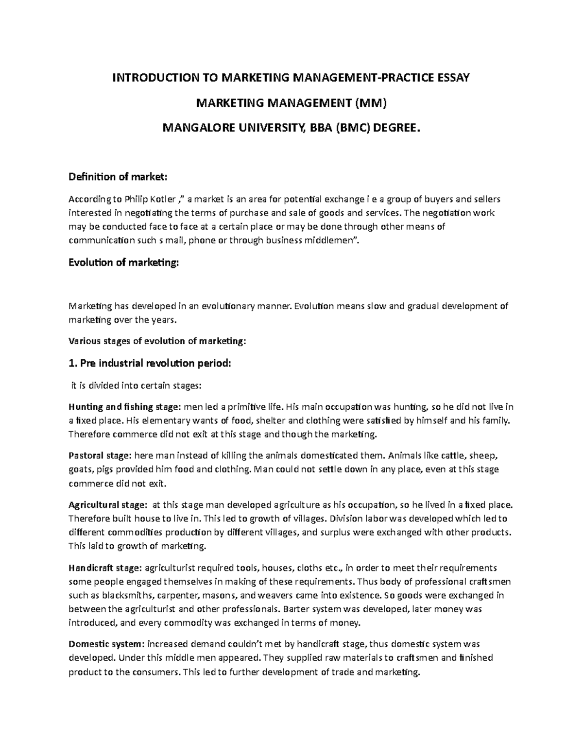 Market (MM) - INTRODUCTION TO MARKETING MANAGEMENT-PRACTICE ESSAY ...