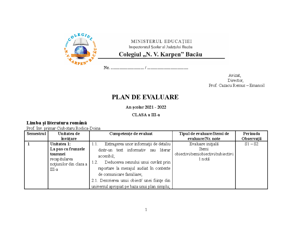 PLAN DE Evaluare Clasa a III-a 2021-2022 - Nr. .............................. / - Studocu