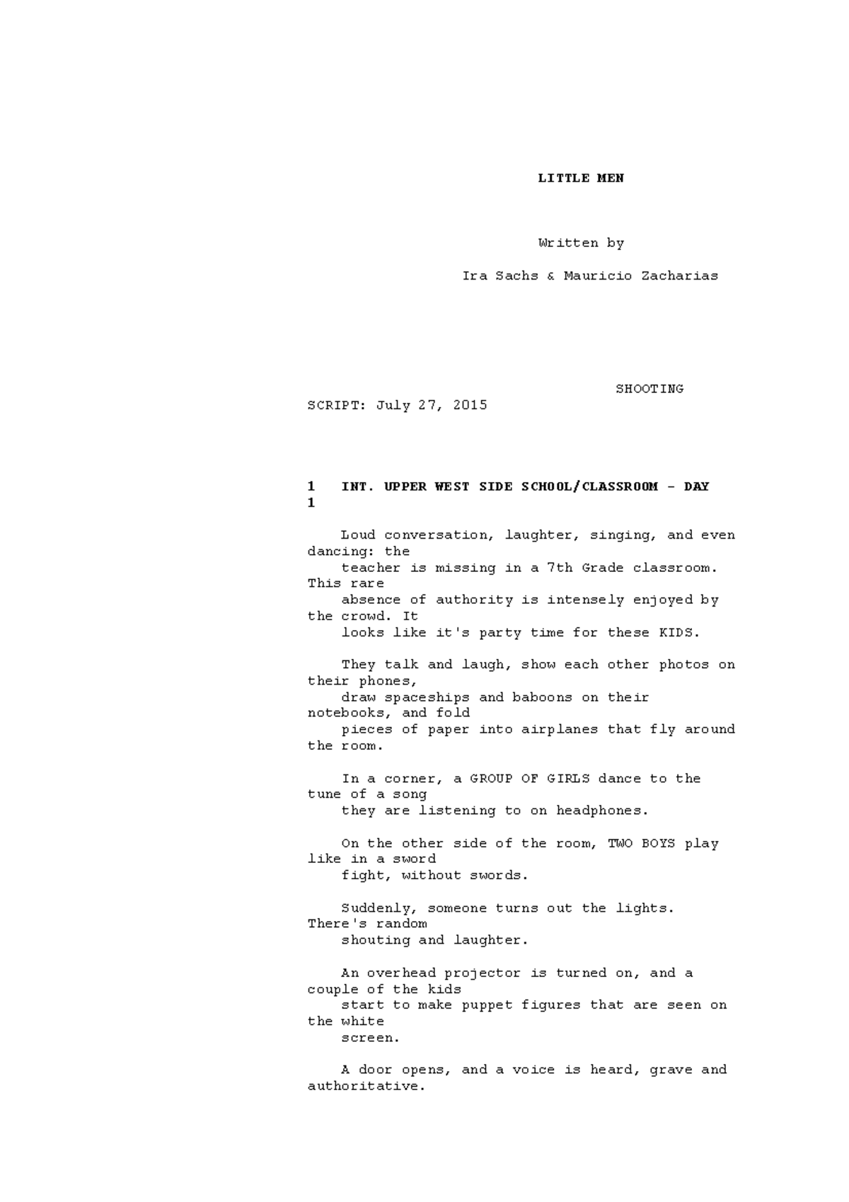 Little MEN - LITTLE MEN Written by Ira Sachs & Mauricio Zacharias ...