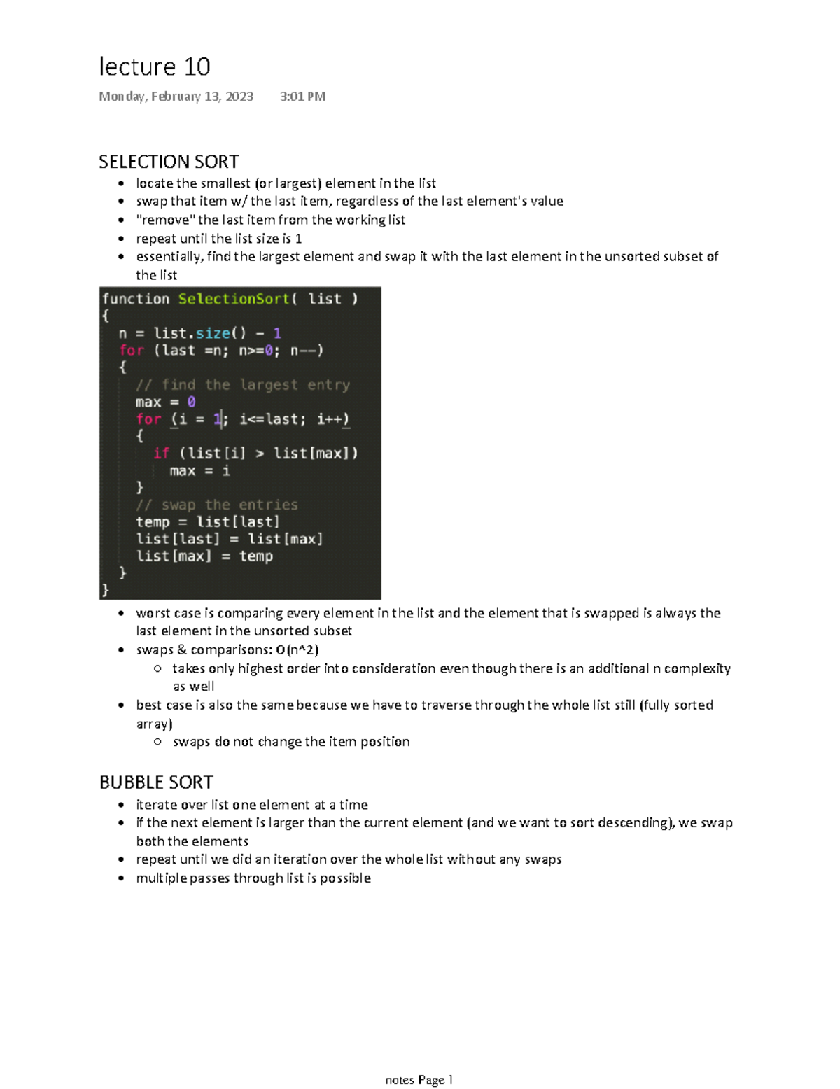 Lecture 10 - lect10 - SELECTION SORT locate the smallest (or largest) element in the list swap ...