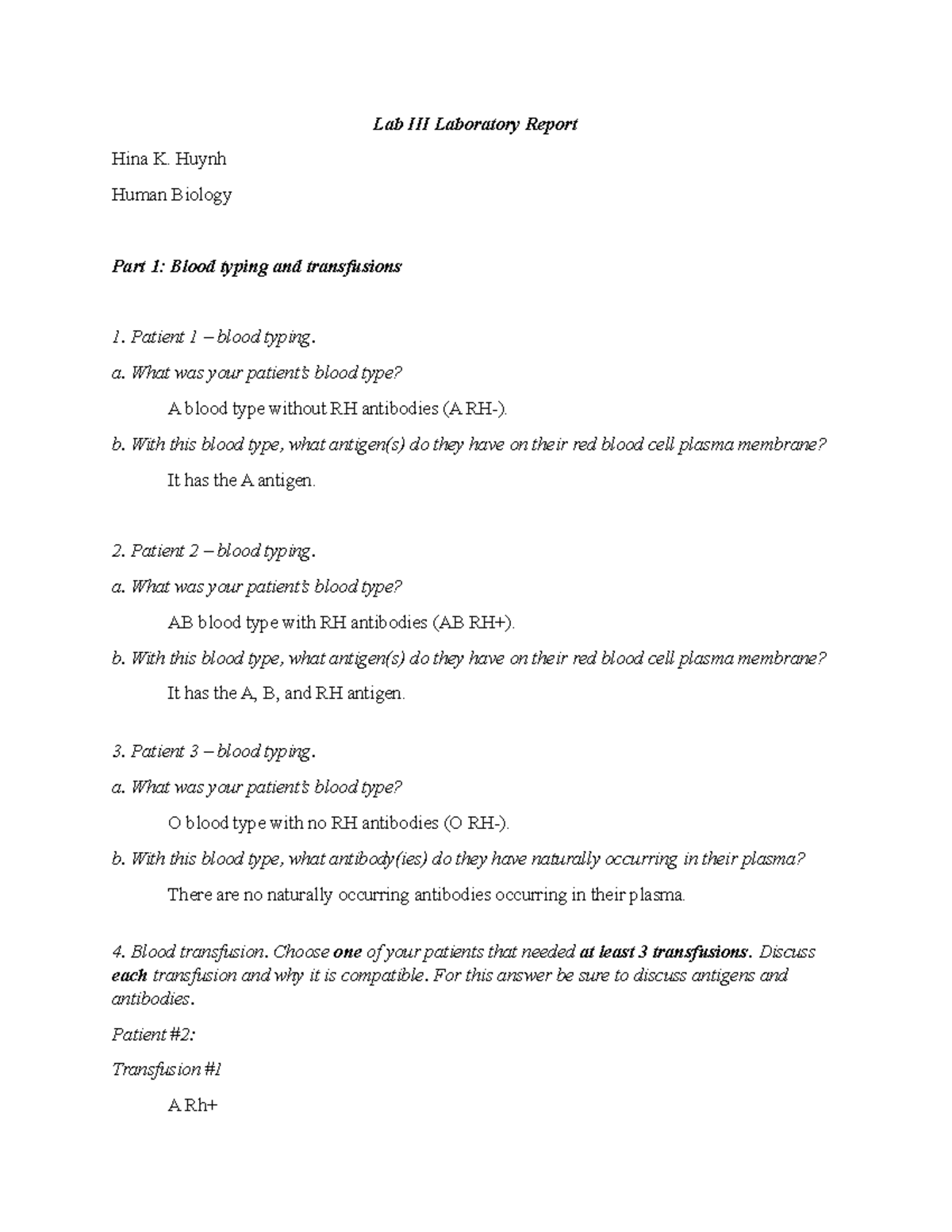 HUM BIO-Lab3Report - Prof. Buiso - Lab - Lab Laboratory Report Hina K ...