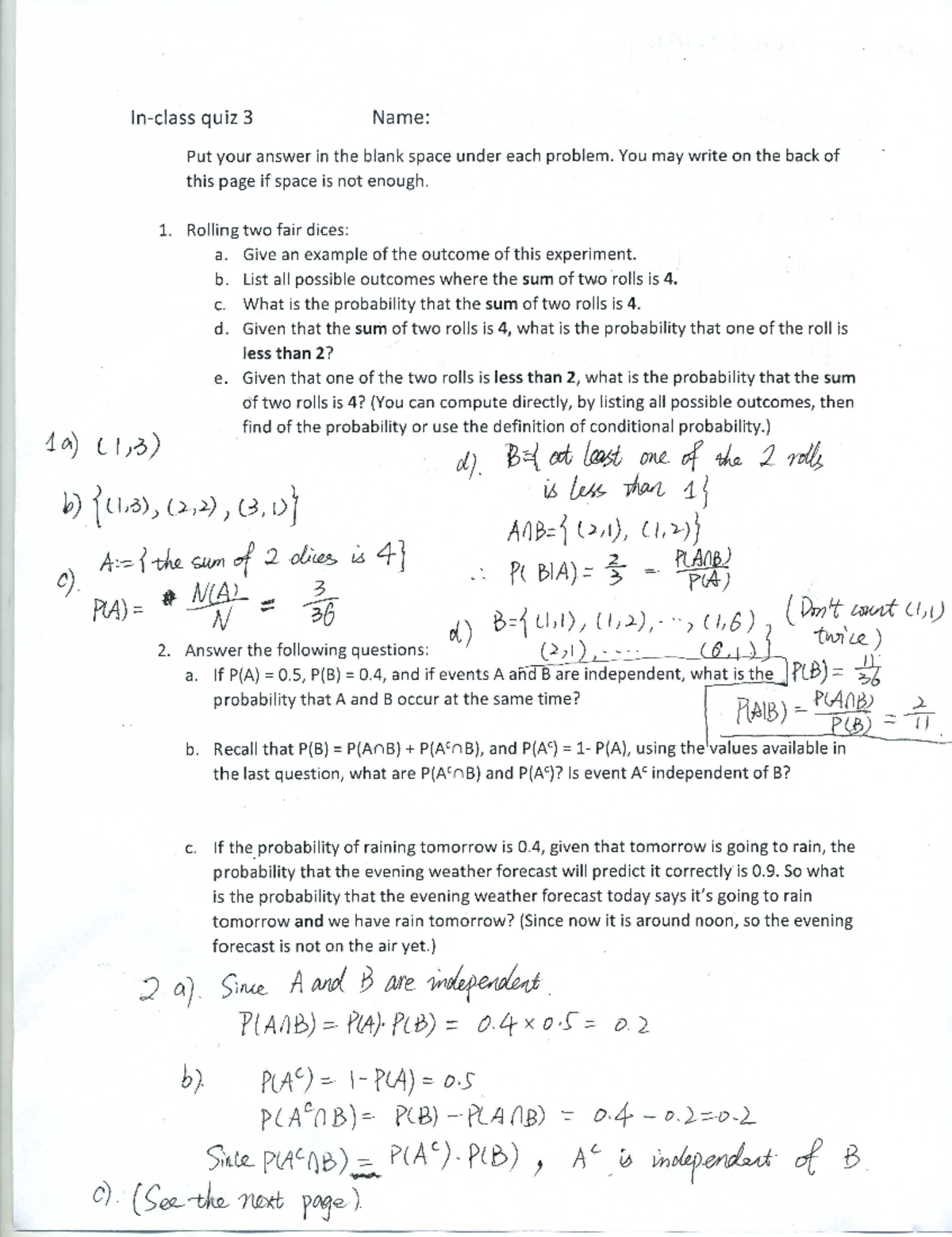 Practical - Quiz taking in class spring 2016. student notes written on ...