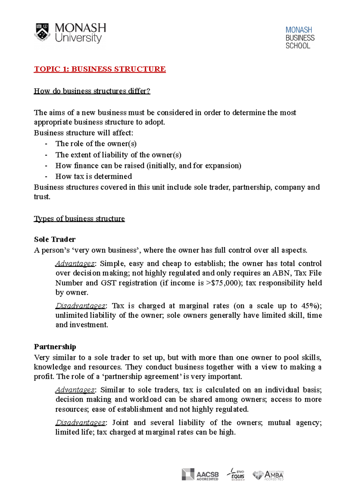 Week 8 test summary (week 2 - 8) - TOPIC 1: BUSINESS STRUCTURE How do ...