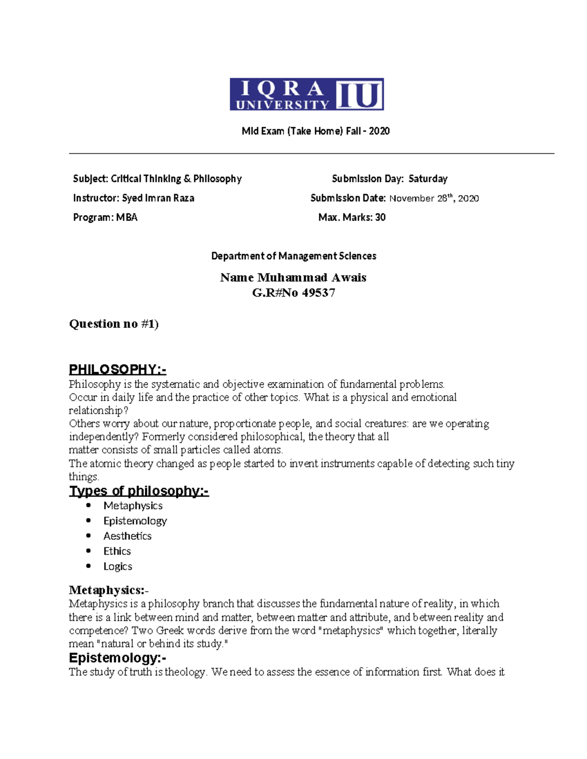 Mid paper of PACT M Awais (49537) - Mid Exam (Take Home) Fall - 2020 ...