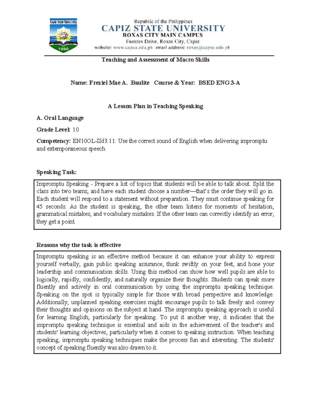 A Lesson Plan in Teaching Speaking (Baulite) - Teaching and Assessment of Macro Skills Name ...