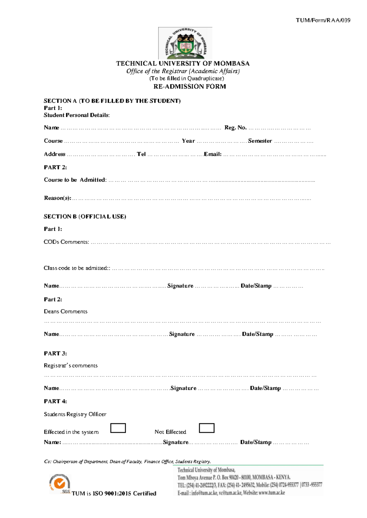 39 Re Admission Form - Assignment - TECHNICAL UNIVERSITY OF MOMBASA ...