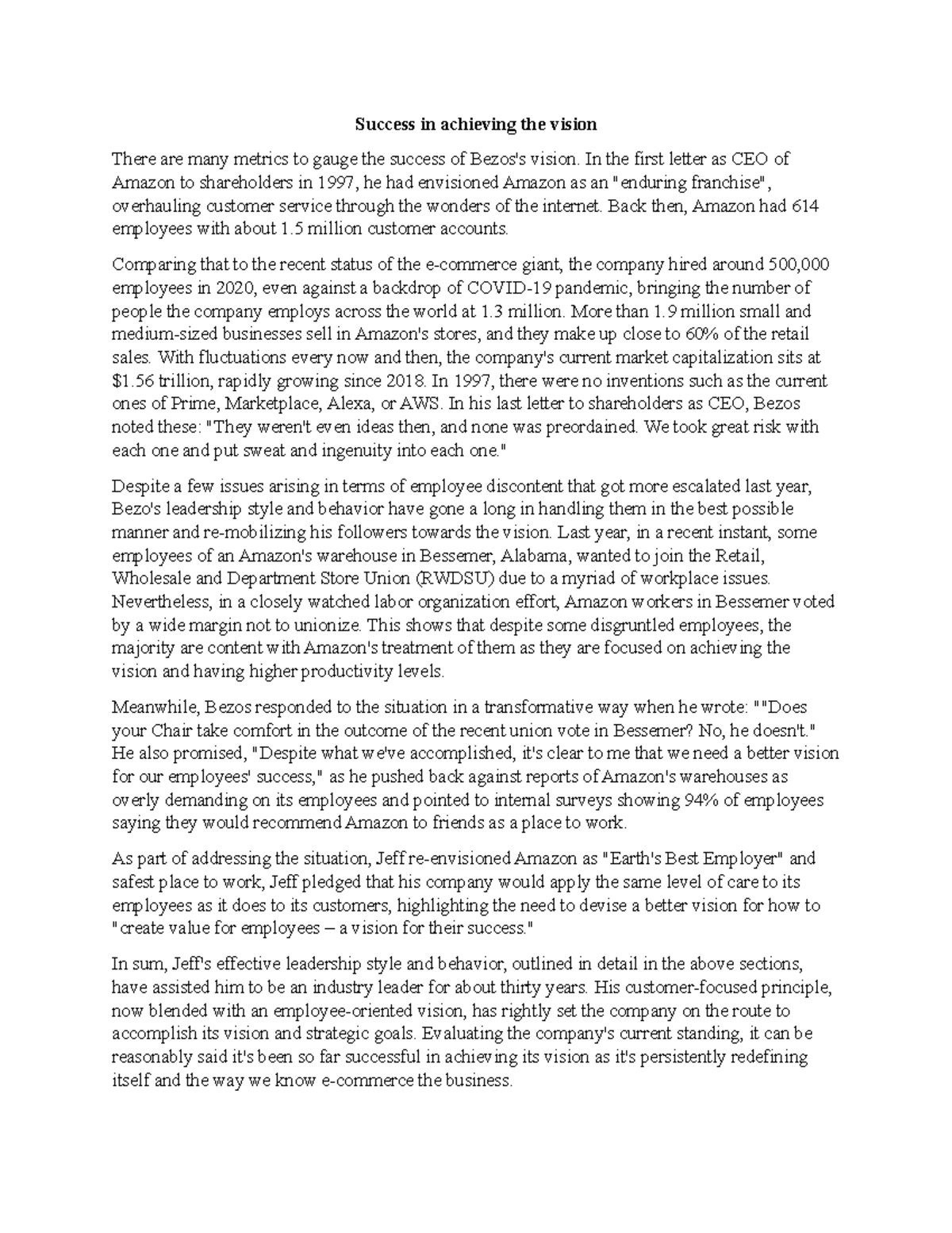 Achieving vision - Assignment - Success in achieving the vision There ...