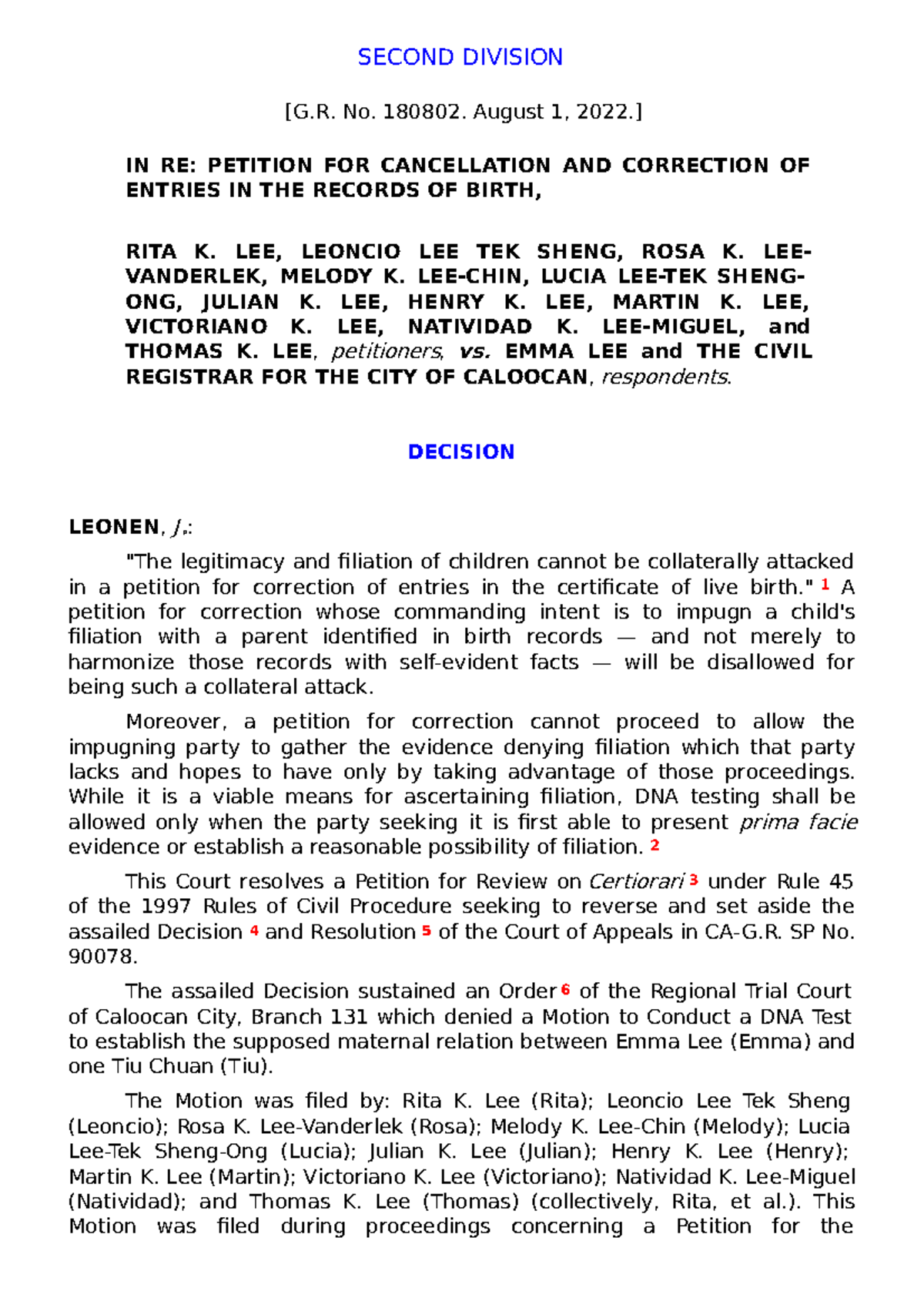 Lee v Lee Cases - SECOND DIVISION [G. No. 180802. August 1, 2022.] IN ...