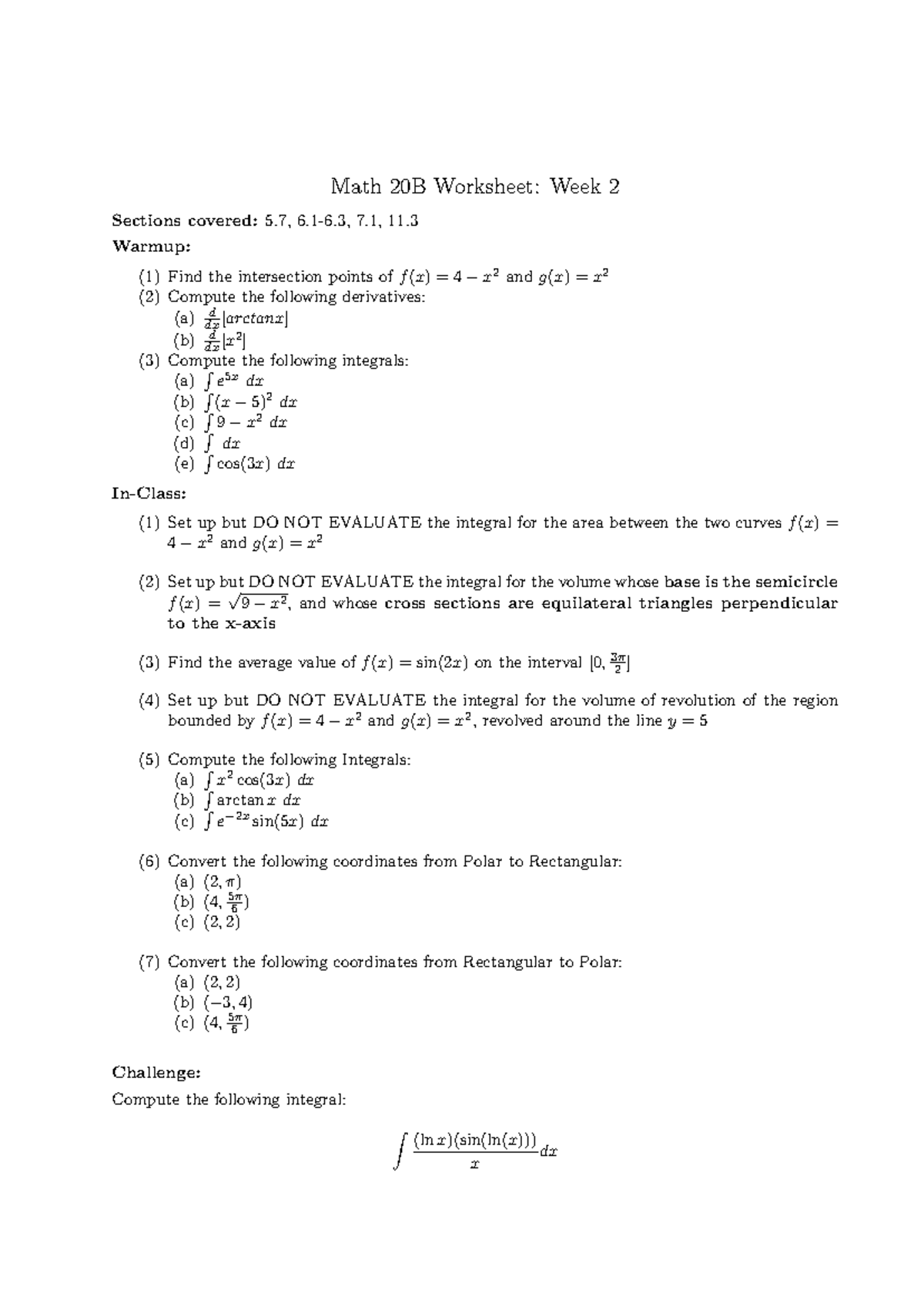 Math20B Worksheet - 1-6, 7, 11. Warmup: (1) Find the intersection ...