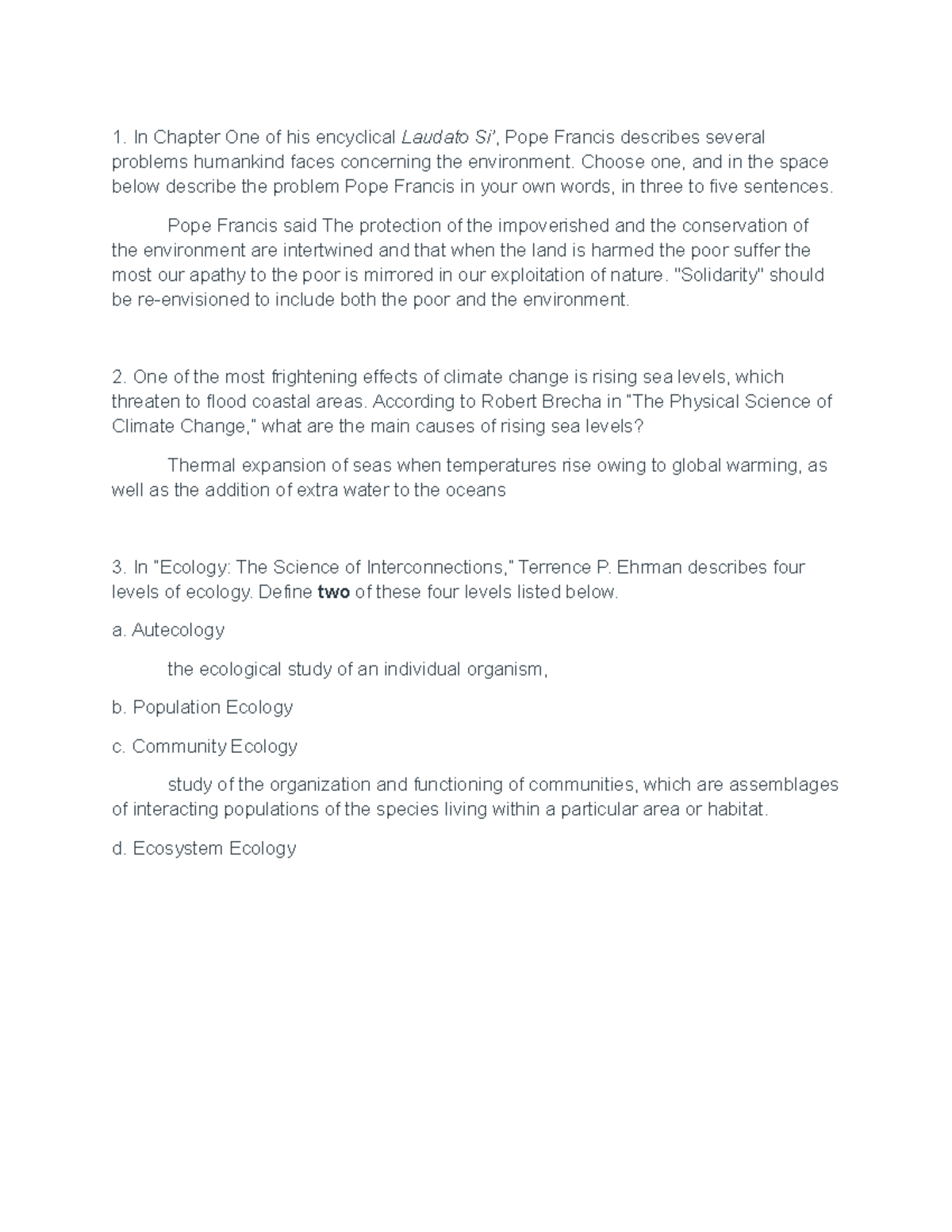 Reading guide 9 - In Chapter One of his encyclical Laudato Si’, Pope ...